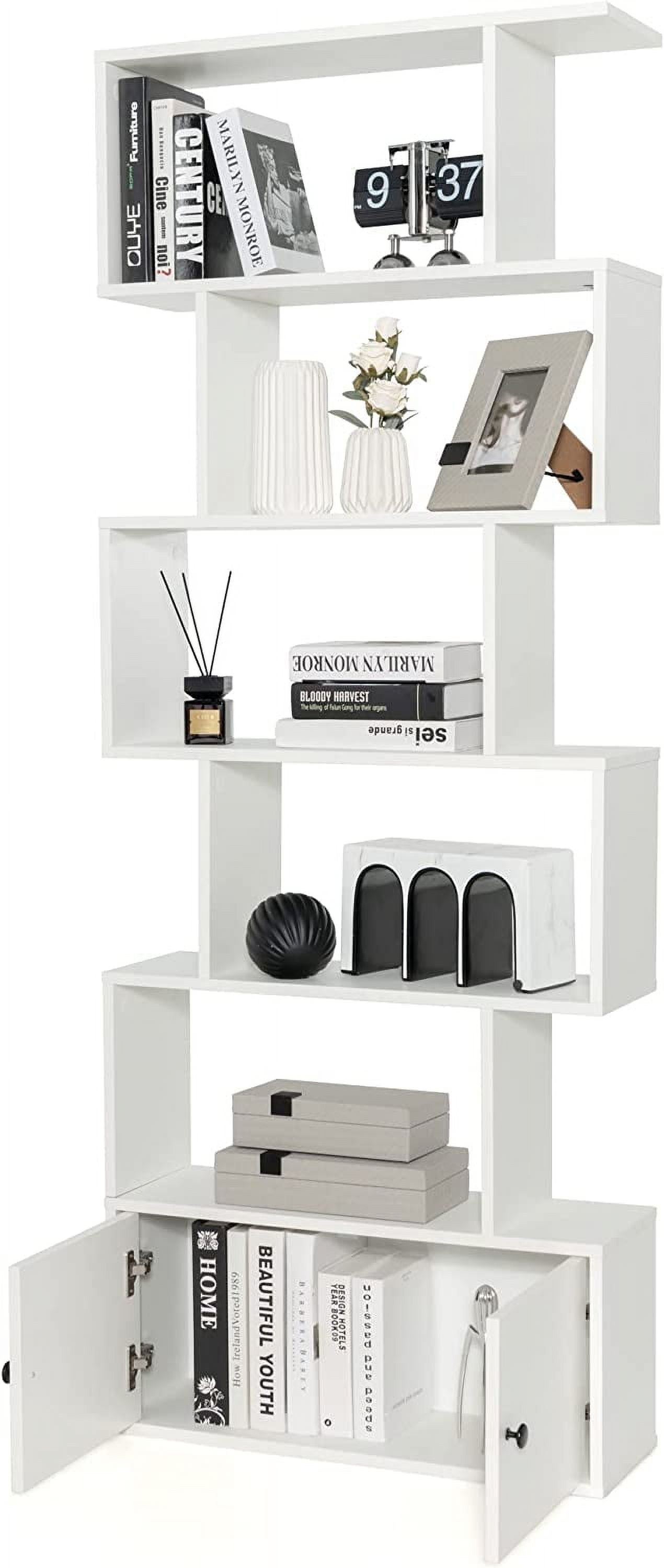 LOKO 6-Tier Geometric Bookcase with Doors, Freestanding Storage Display ...