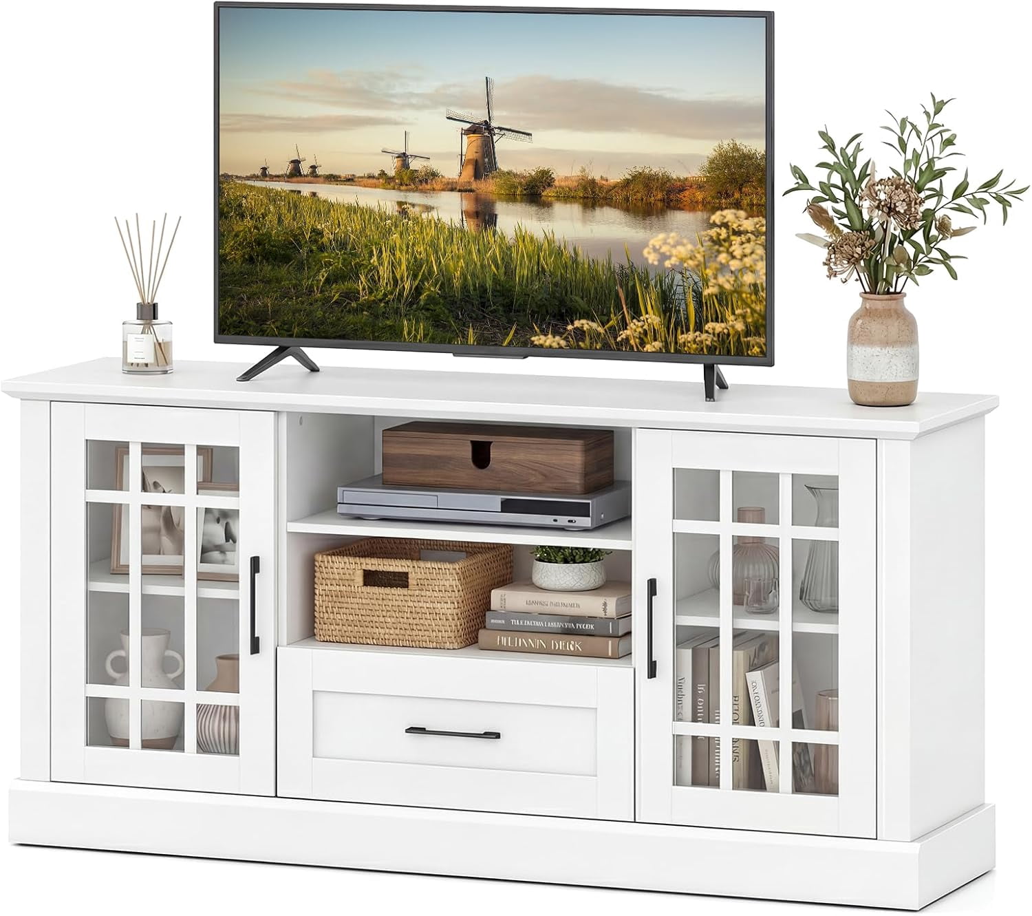 LOKO 62 Inch TV Cabinet, Media Console Table w/ 2 Glass Door Cabinets ...