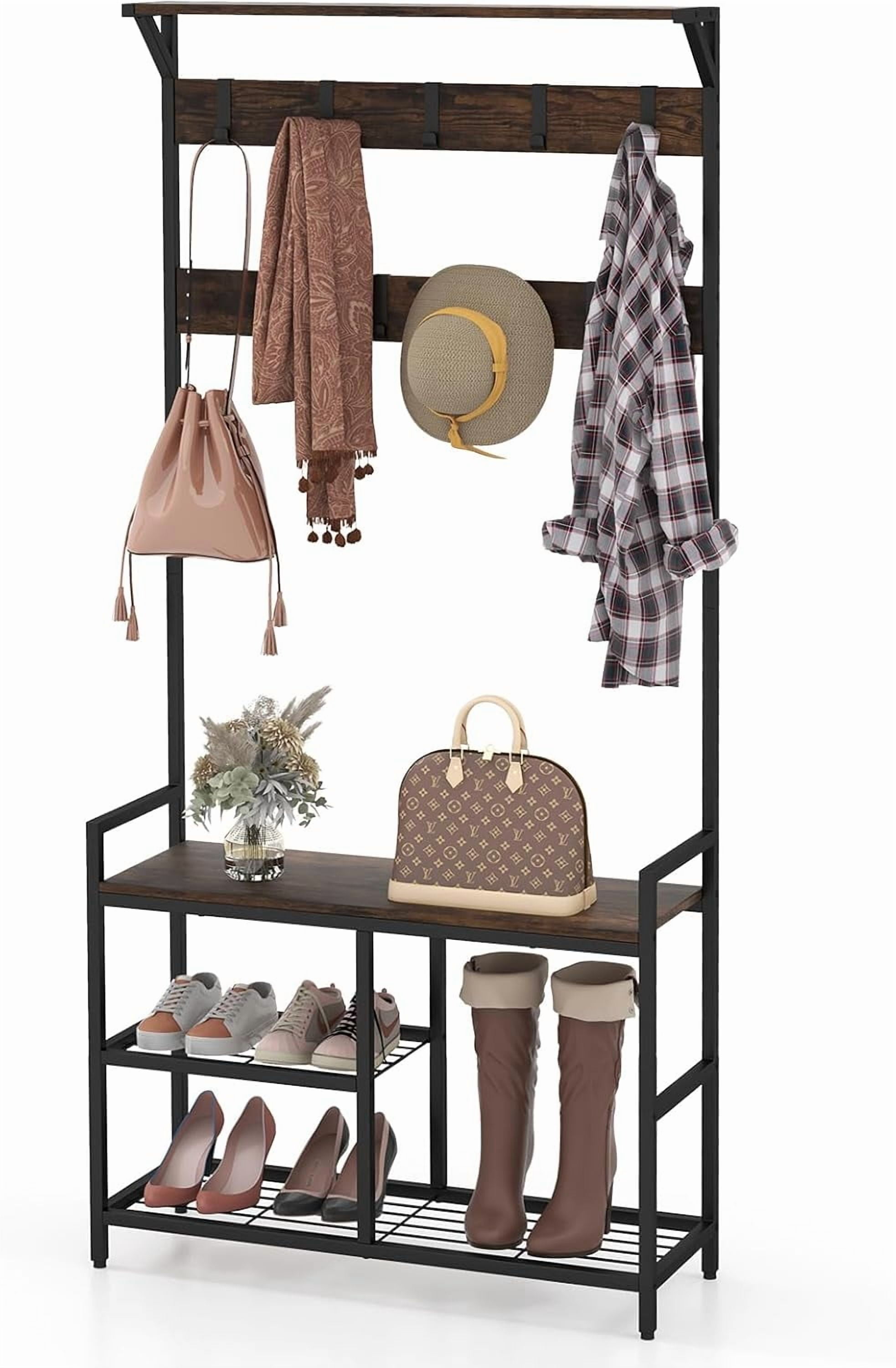 LOKO 71” Tall Cloth Rack, Industrial 3-in-1 Hall Tree with Shoe Bench ...