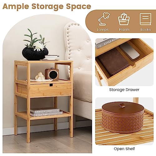 LOKO Bamboo Nightstand, Wood Bedside Tables with Pull-Out Drawer ...
