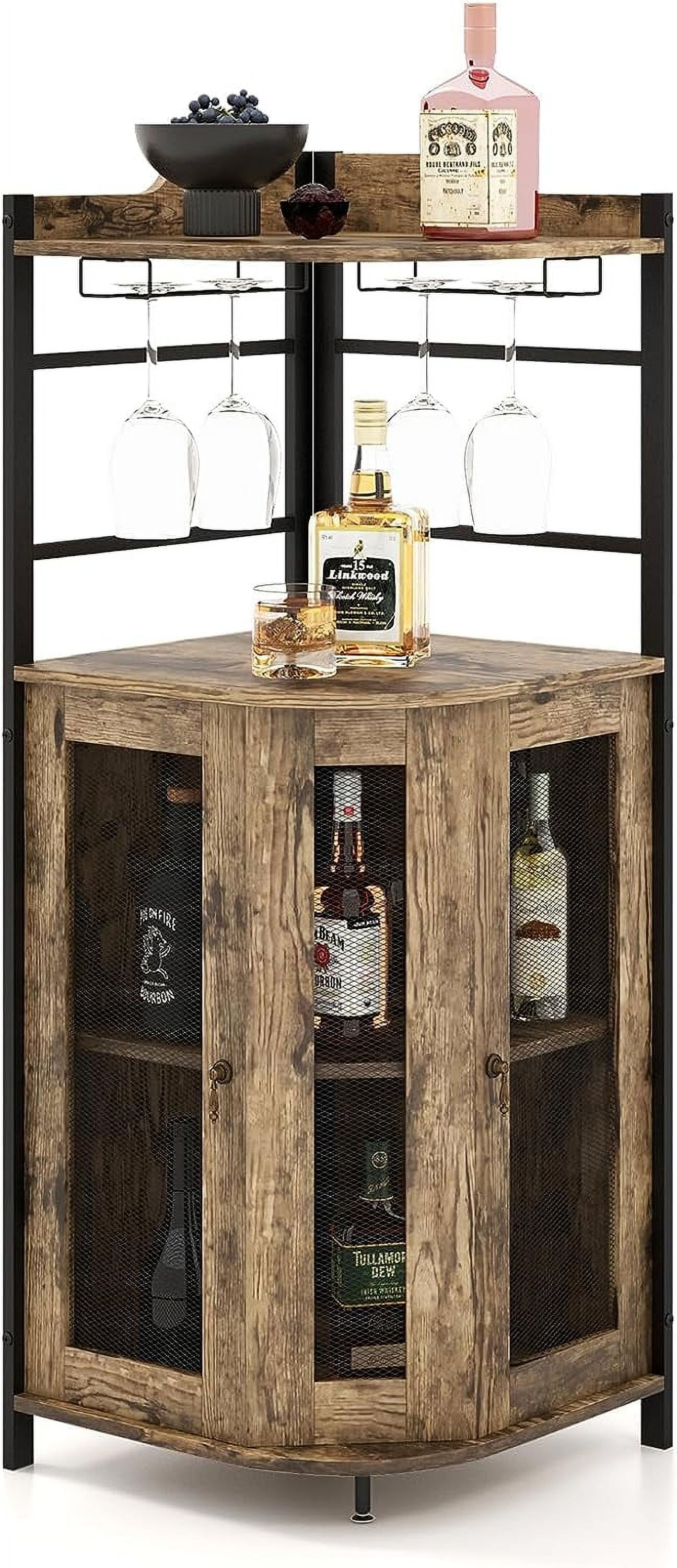 LOKO Corner Wine Bar Cabinet, Industrial Wine Cabinet with Metal Mesh ...