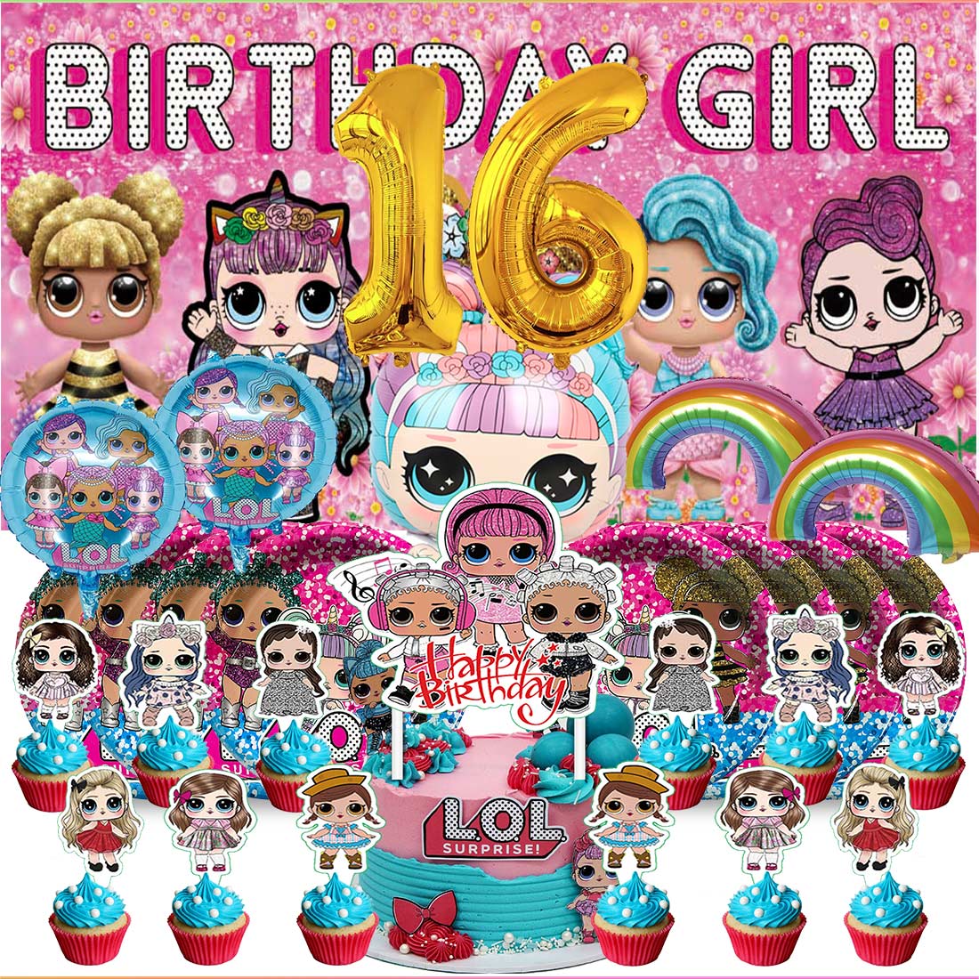 LOL 16th Tableware Balloons Cake Toppers Backdrop Banner Supplies Party ...