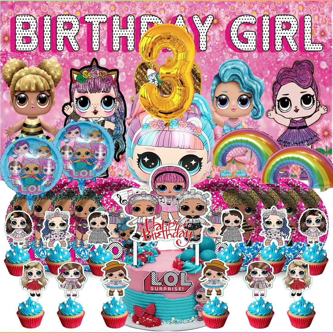 LOL 3rd Tableware Balloons Cake Toppers Backdrop Banner Supplies Party ...