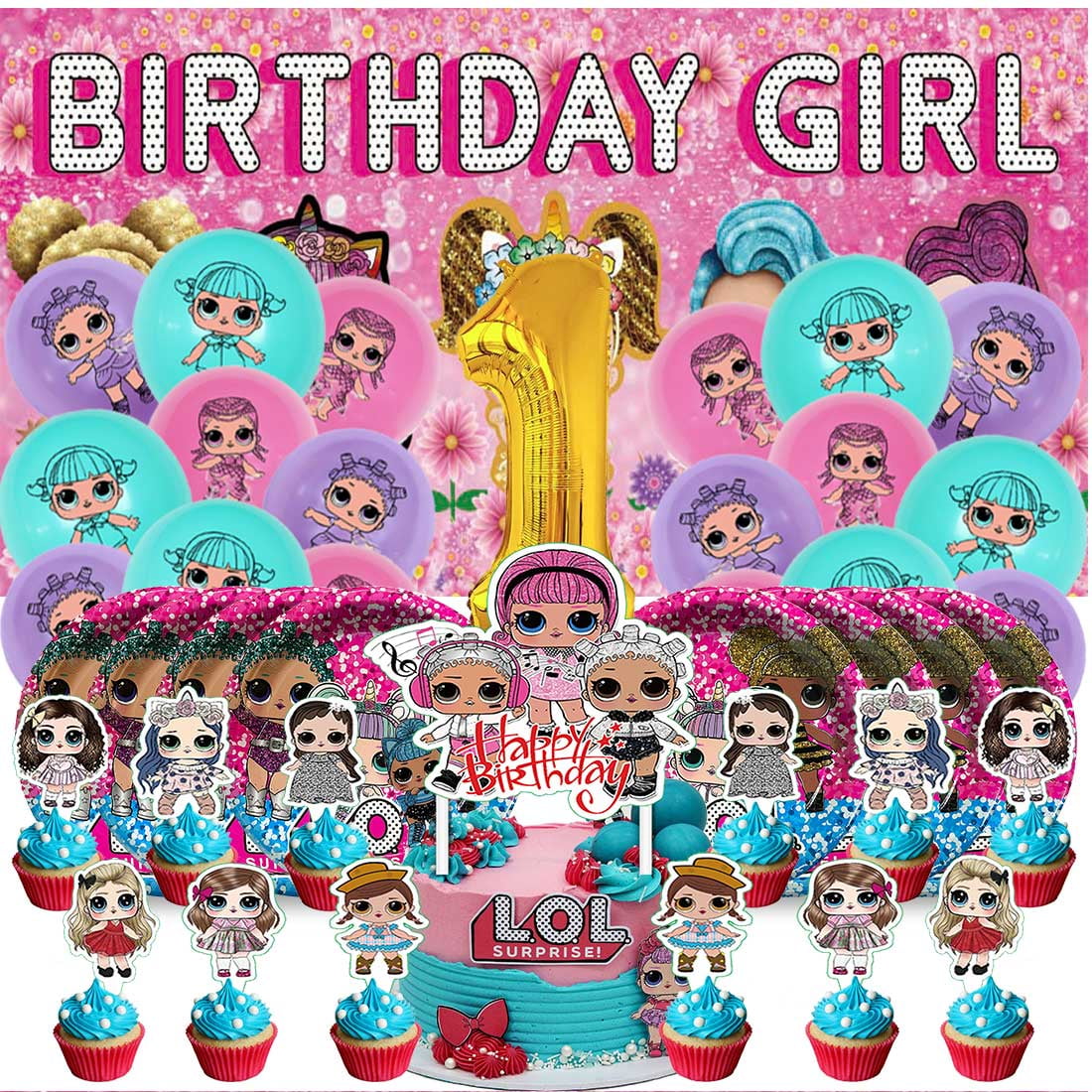 LOL Balloons Party Supplies 1st Decor Tableware Birthday Cake Topper ...