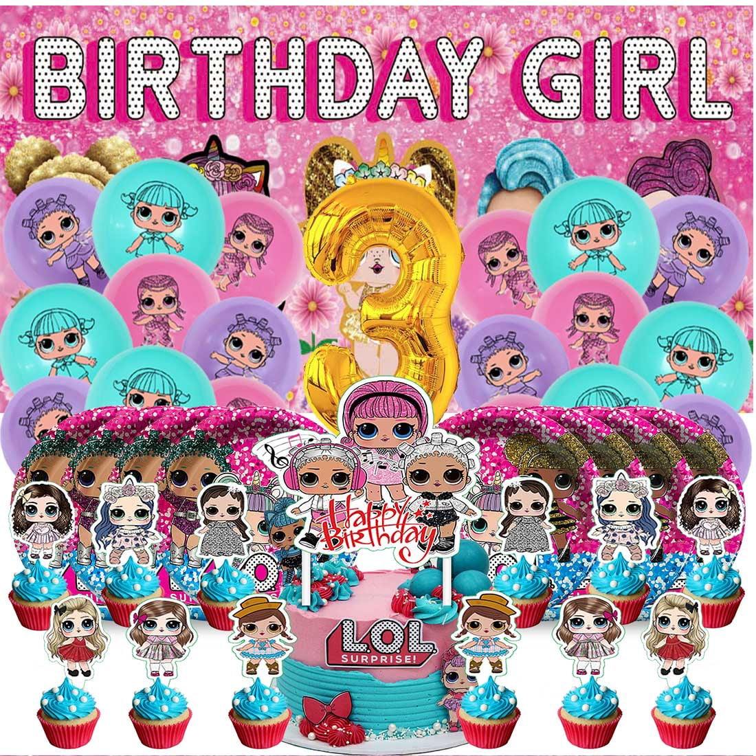 LOL Balloons Party Supplies 3rd Decor Tableware Birthday Cake Topper ...