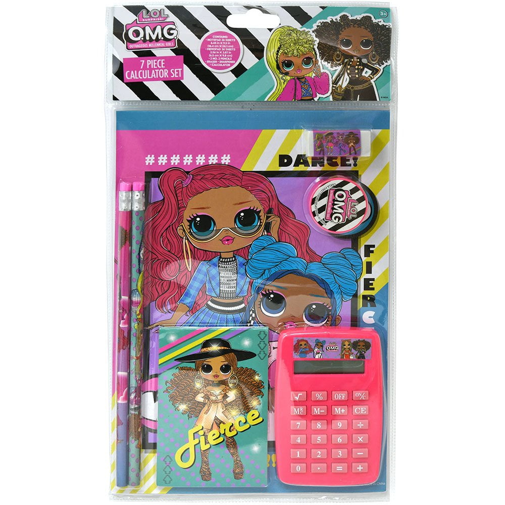 LOL OMG 7pc Calculator Set in Bag w/header- PENCIL, NOTEPAD, ERASER ...