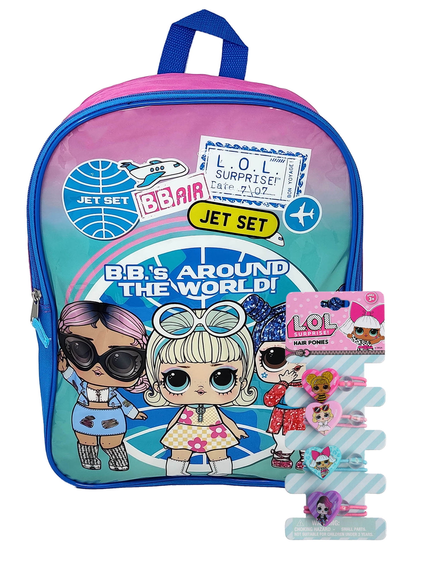 LOL Surprise 15" Backpack Jet Set Pink Kawaii w/ Elastic Hair Ponies 4 ...
