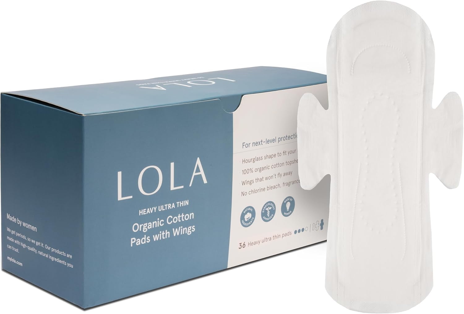 LOLA Heavy Organic Cotton Pads, 36 Count - Ultra Thin Pad with Wings ...