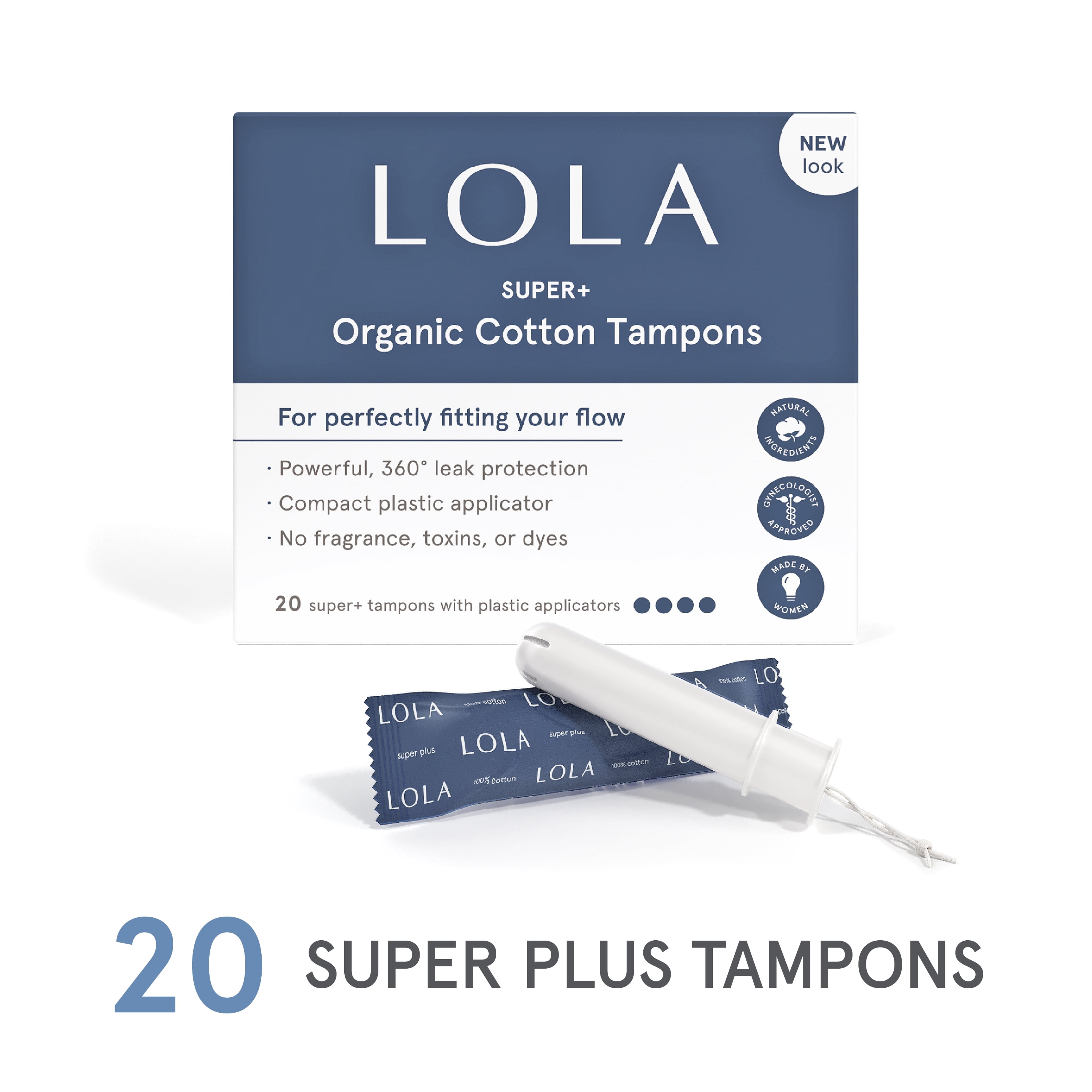 LOLA Super Plus Tampons, Organic Cotton, Compact Plastic Applicator, 20 ...