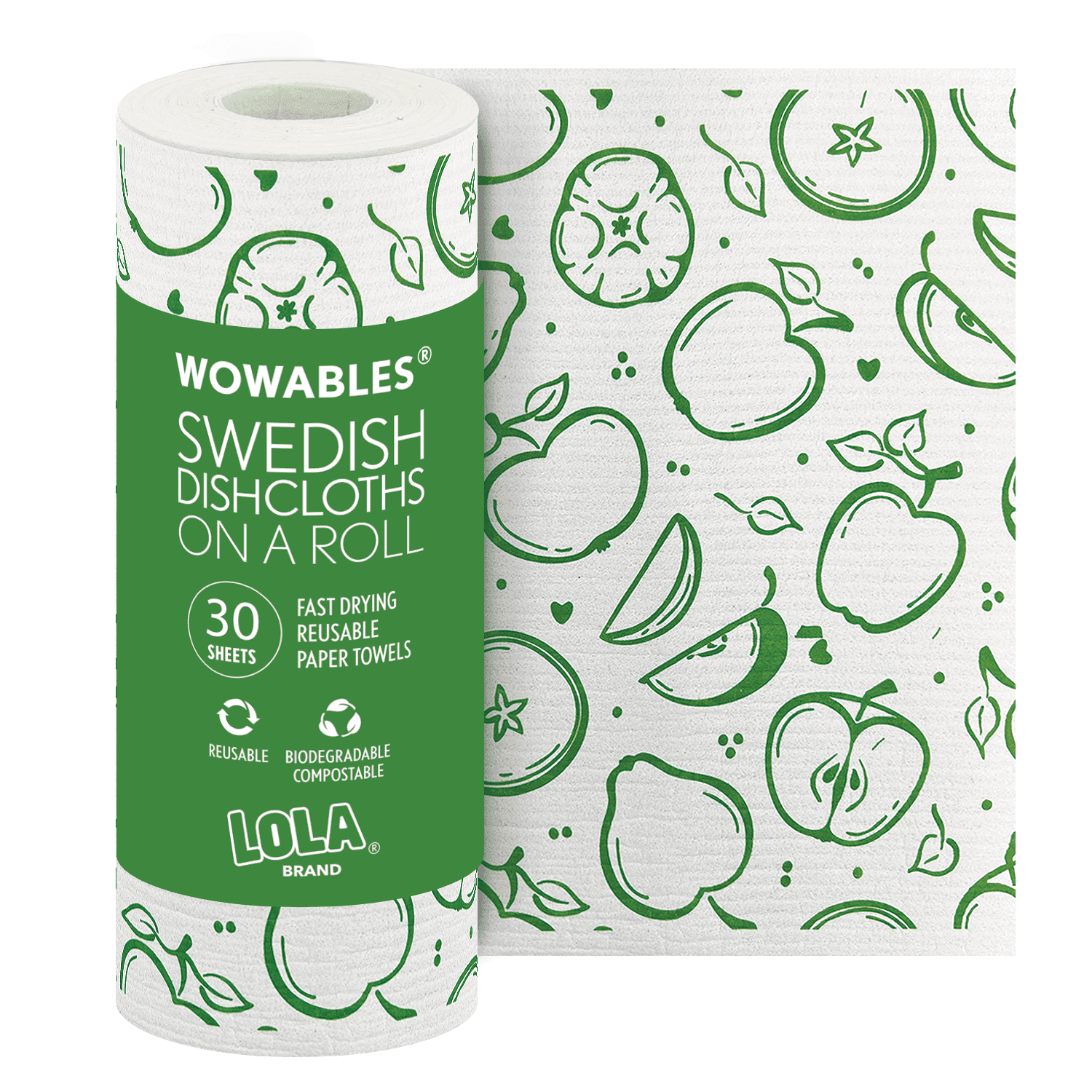 LOLA Swedish Dishcloths for Kitchen XL, 30 Sheet Roll w/ Hook, Green ...