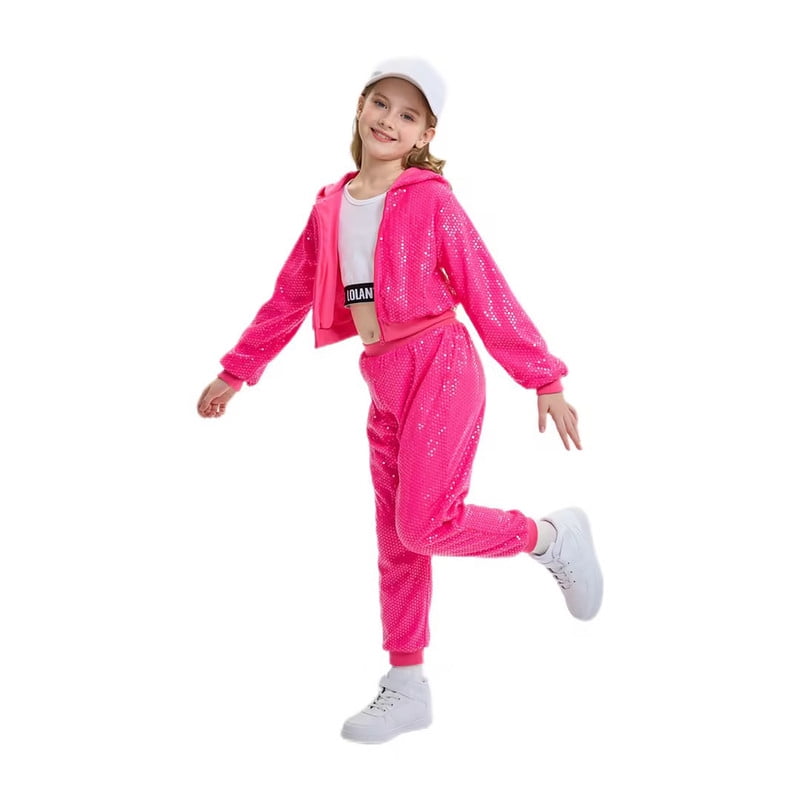 LOLANTA 2Pcs Girls Dance Outfits Cropped Sequin Jacket Pants Set Kids ...