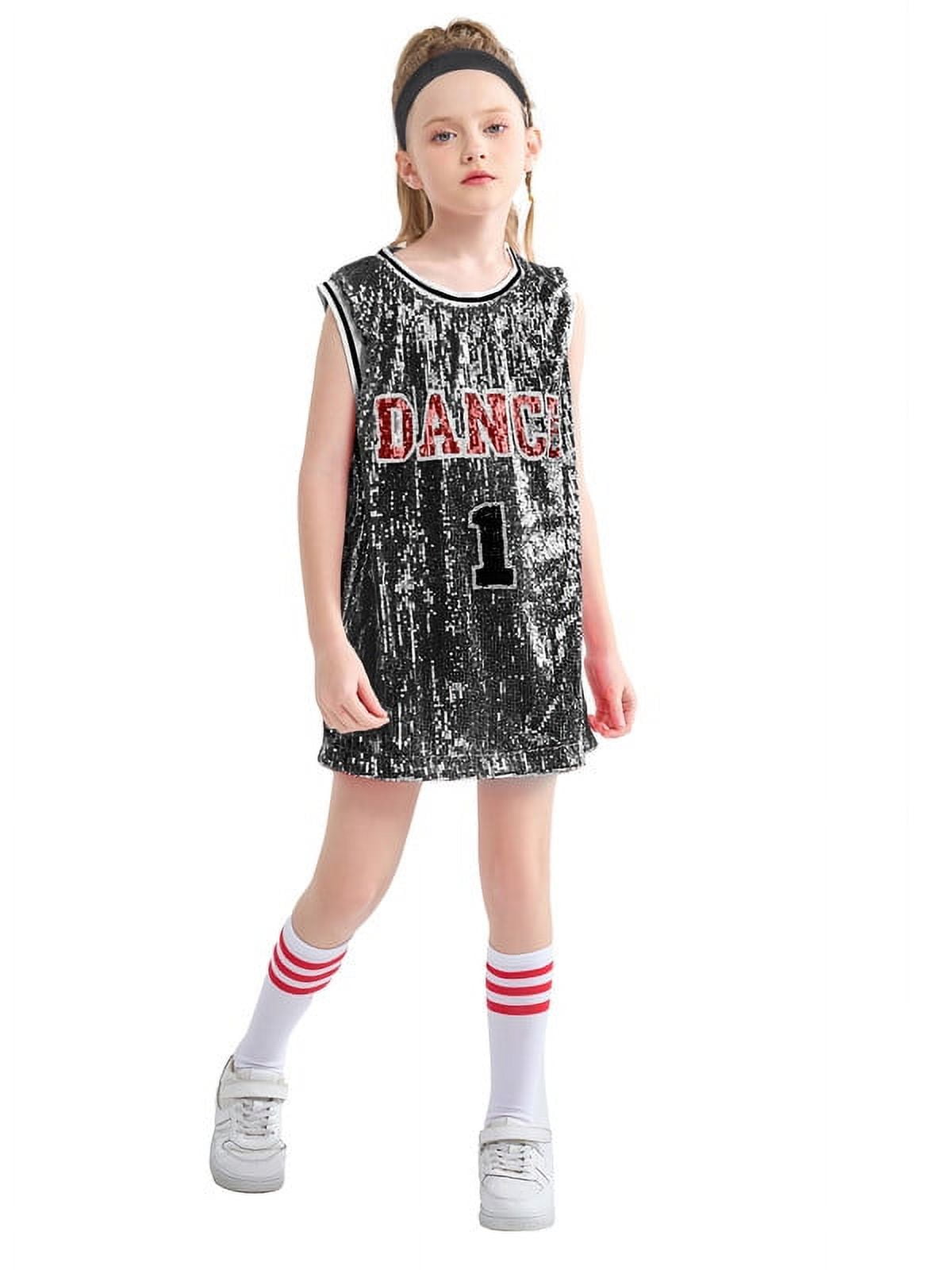 LOLANTA Girls Hip Hop Dance Clothes Kids Jersey Sequin Dress Long Tank ...