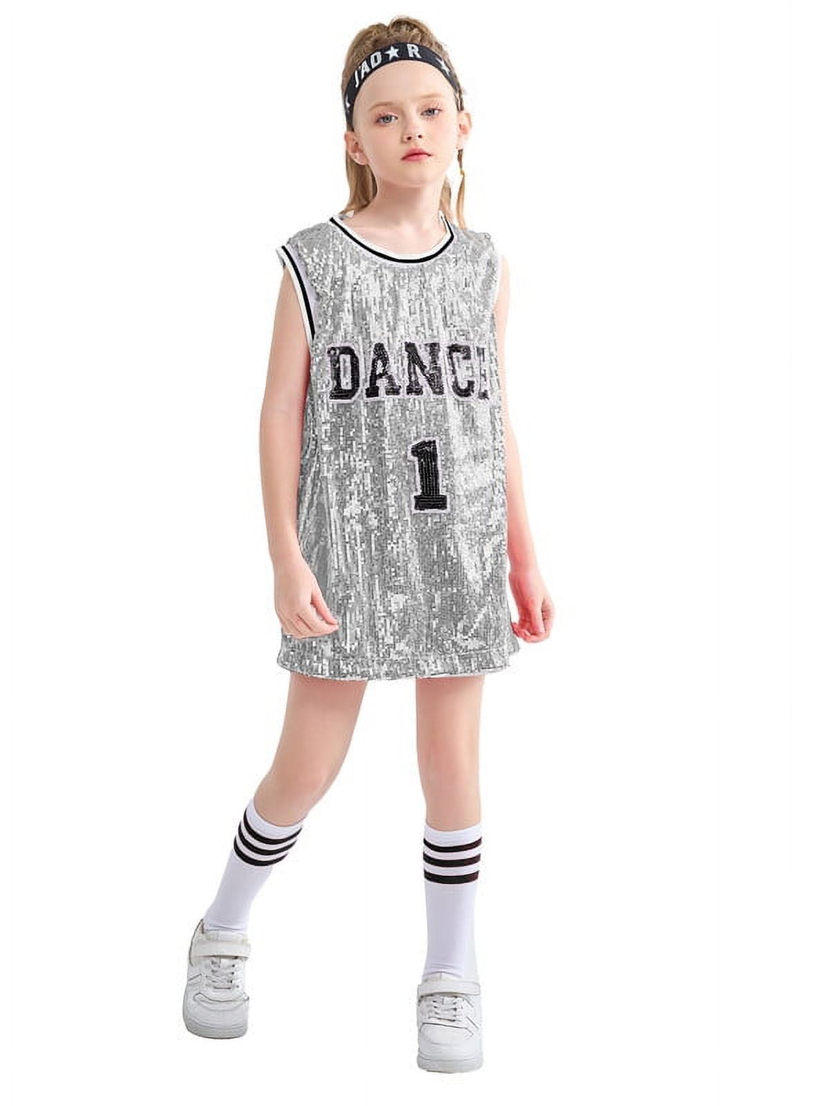 LOLANTA Girls Hip Hop Dance Clothes Kids Jersey Sequin Dress Long Tank ...