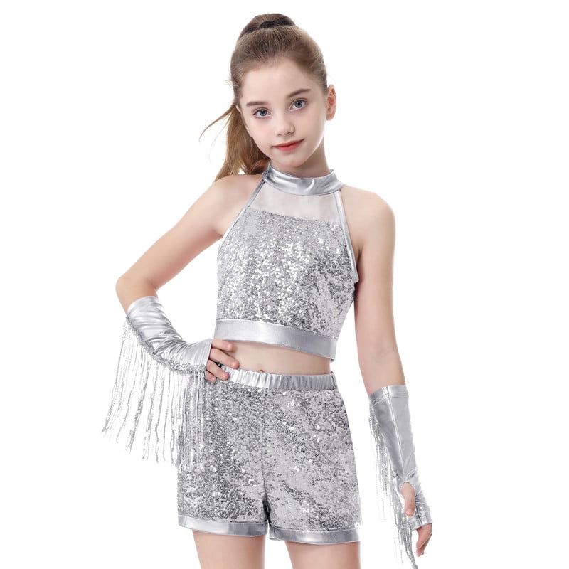 LOLANTA Girls Sequin Dance Outfit Crop Sequin Top Metallic Shorts with ...