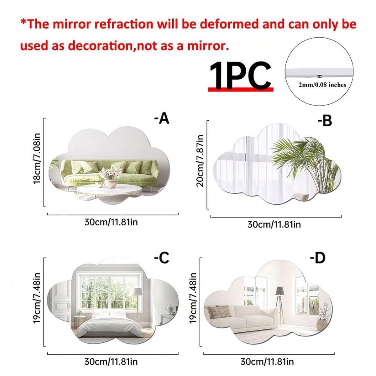 LOLIPPYY 4PCS Cloud-Shaped Wall Mirror Decals - Acrylic Hanging for ...