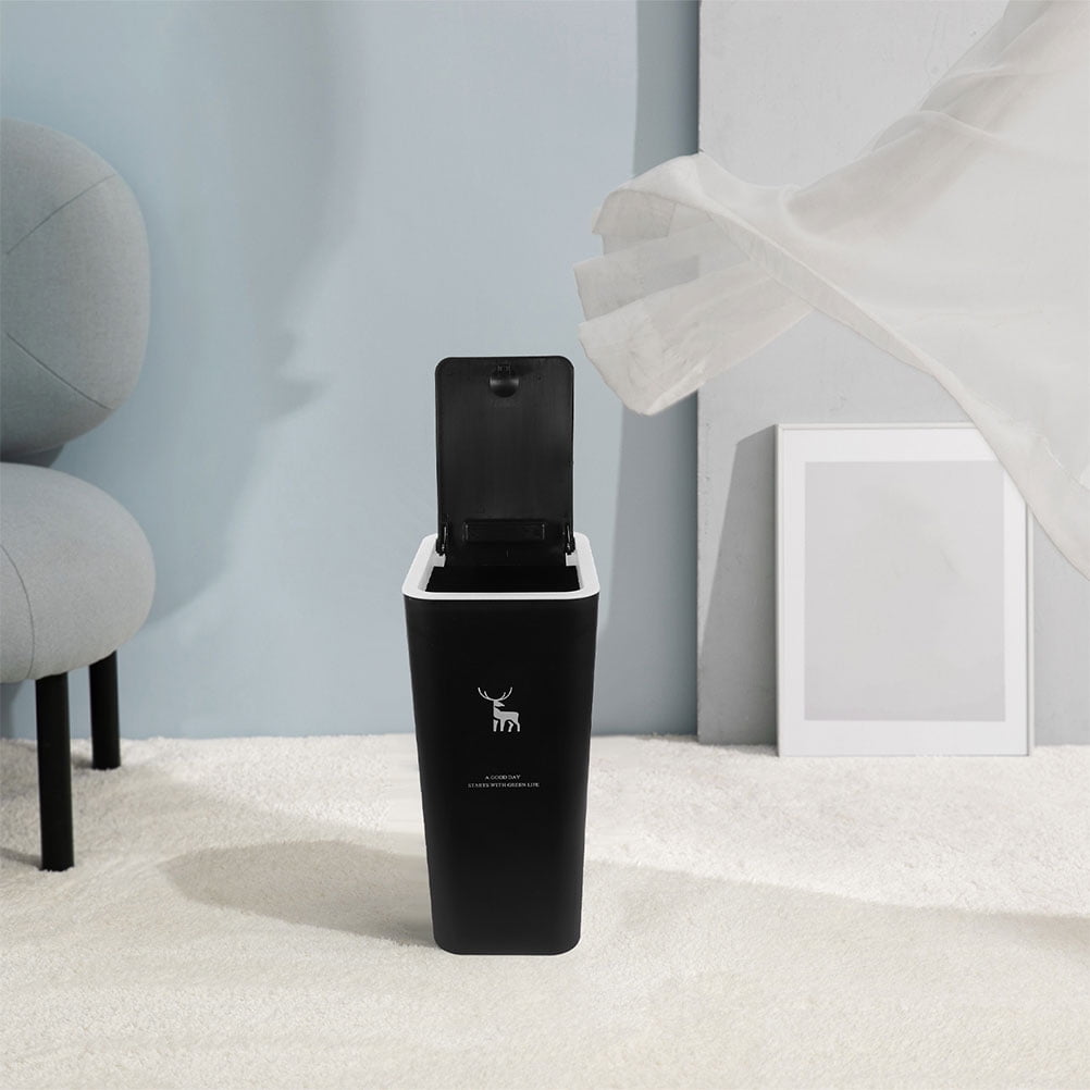 LOLIPPYY Plastic Garbage Container with Press Top Lid Black Waste Bin ...