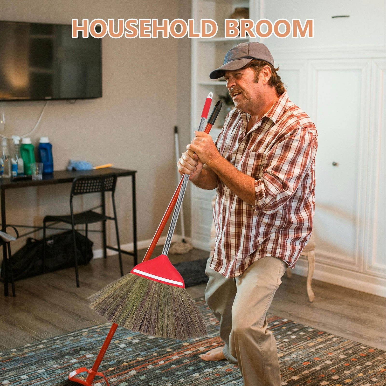 LOLIPPYY Red Hand Straw Broom Soft Sweeping Brush for Indoor Hardwood ...