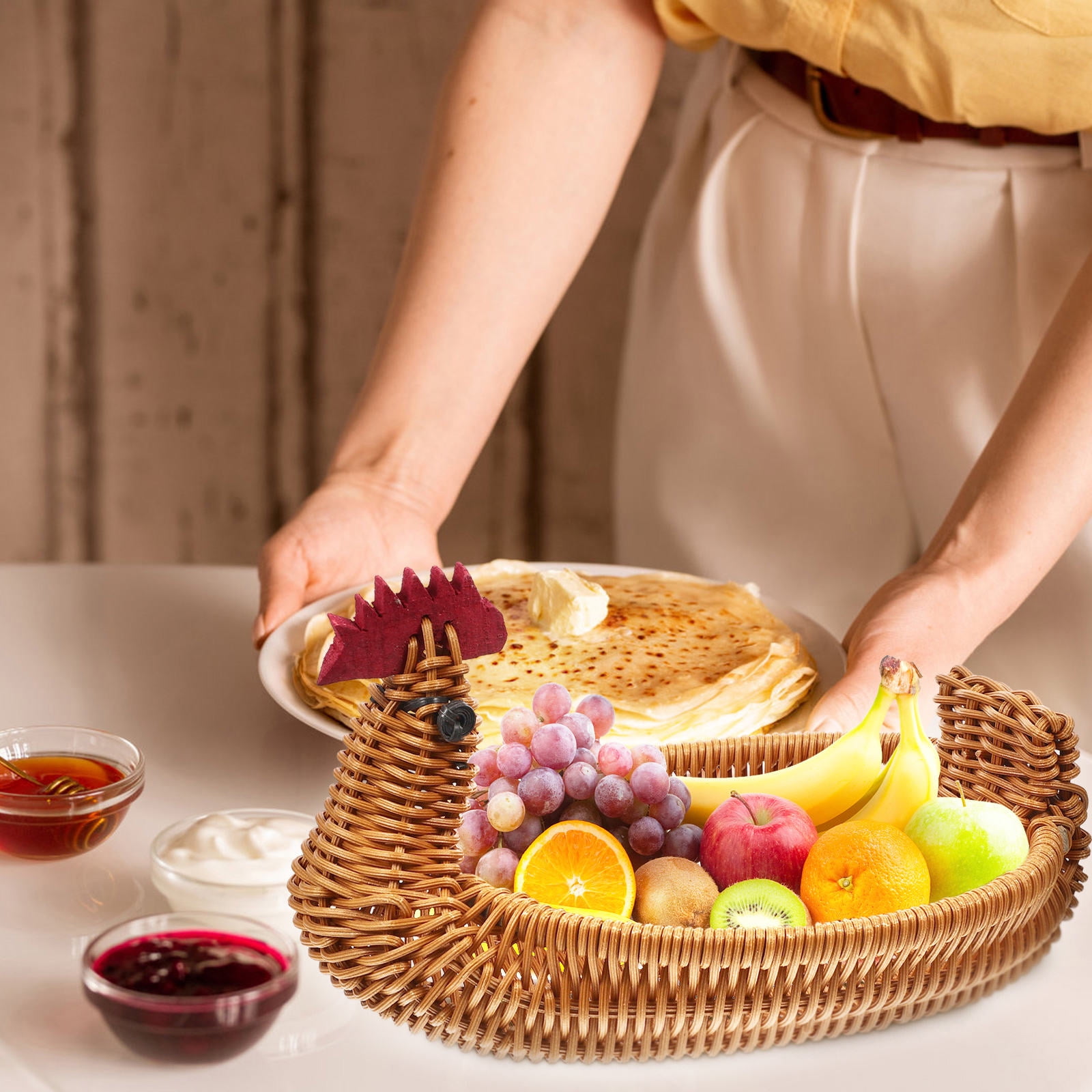 LOLIPPYY 1-Pack Brown Rattan Veggie Basket for Kitchen, Made of PP ...