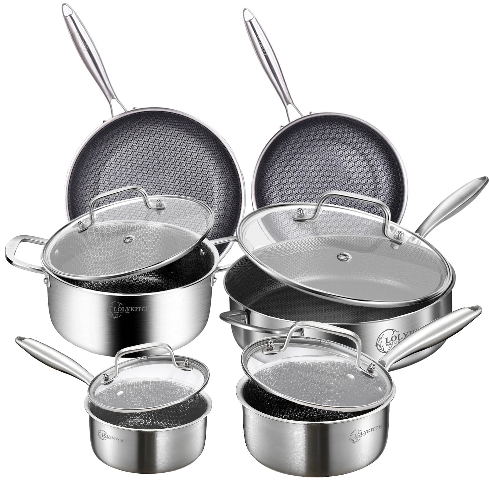 LOLYKITCH 10-Piece Stainless Steel Nonstick Cookware Set, Tri-ply ...