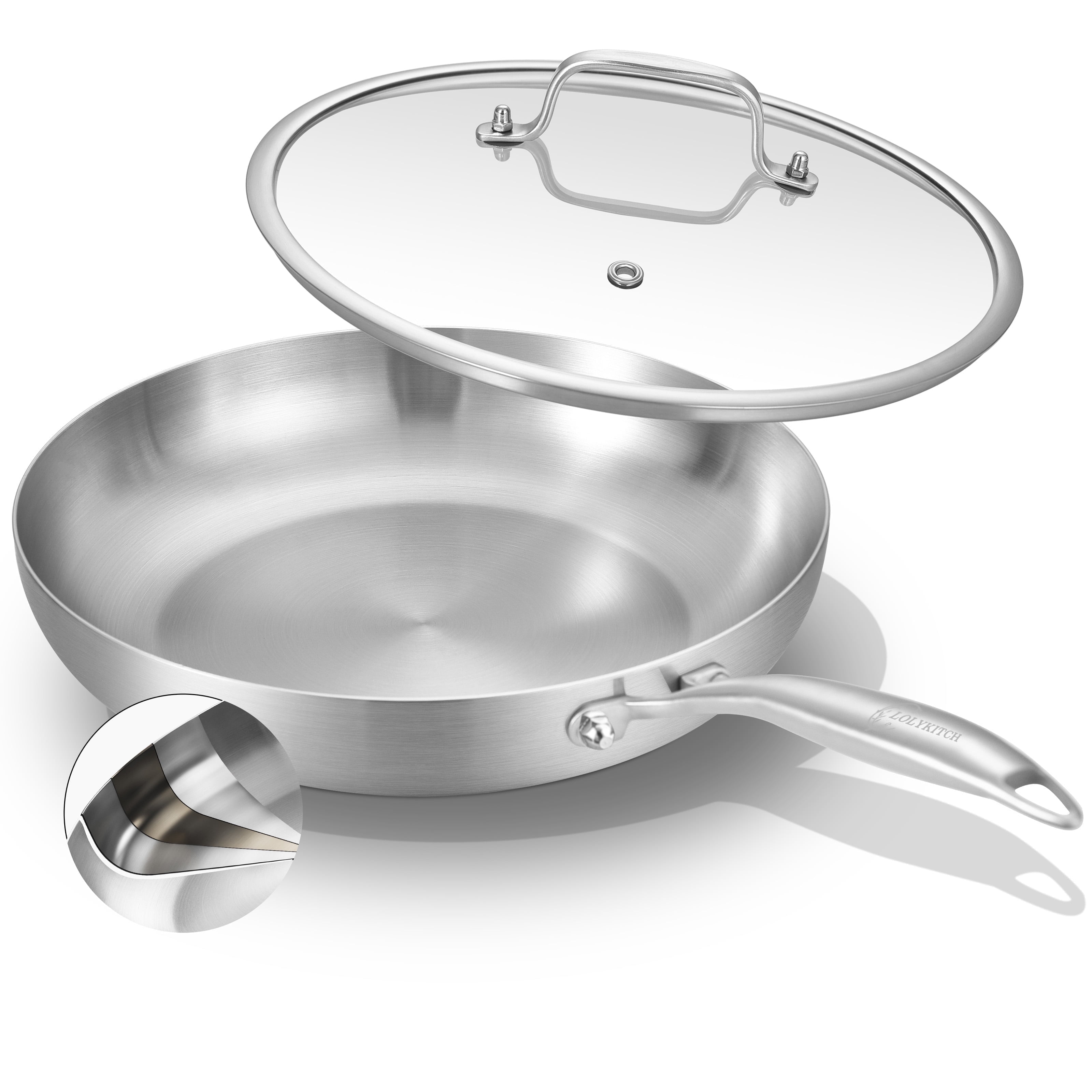 LOLYKITCH Tri-ply Stainless Steel Frying Pan with Lid,10 inch Skillet ...