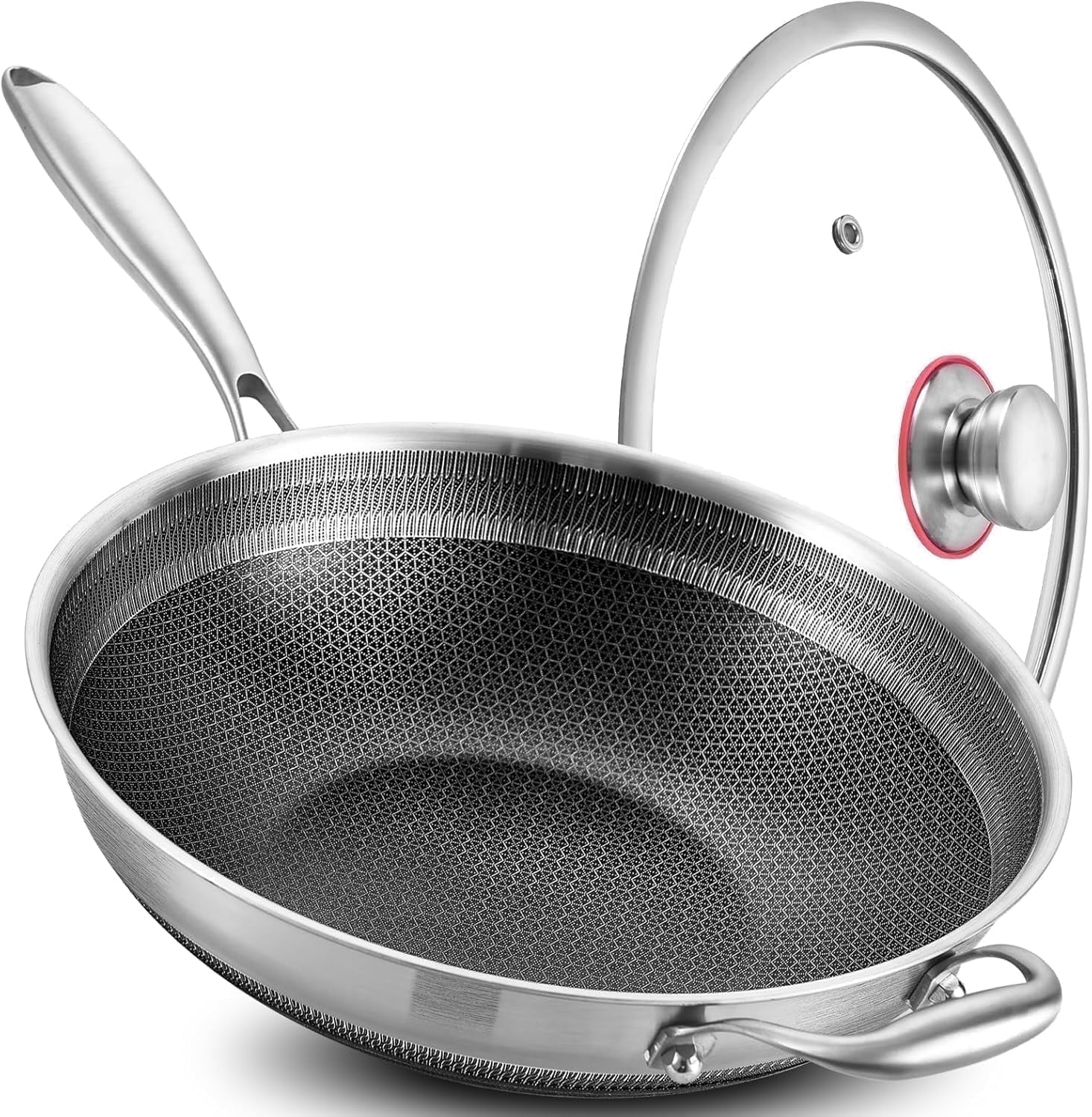 LOLYKITCH Ceramic Non-Stick Tri-ply Stainless Steel Wok Pan with Lid,12 ...