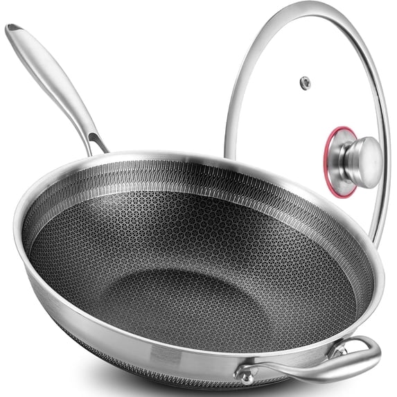 LOLYKITCH Ceramic Non-Stick Tri-ply Stainless Steel Wok Pan with Lid,12 ...