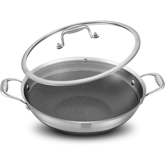 12 Inch Tri-Ply Stainless Steel Wok Pan with Lid, Stir-Frying Pan ...