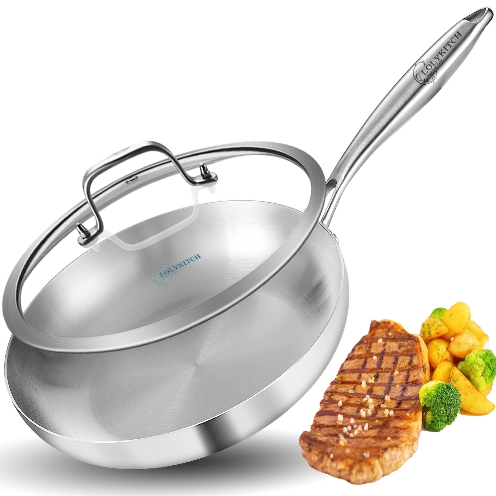 LOLYKITCH 12 inch Tri-ply Stainless Steel Chef's Pan,Frying Pan with ...