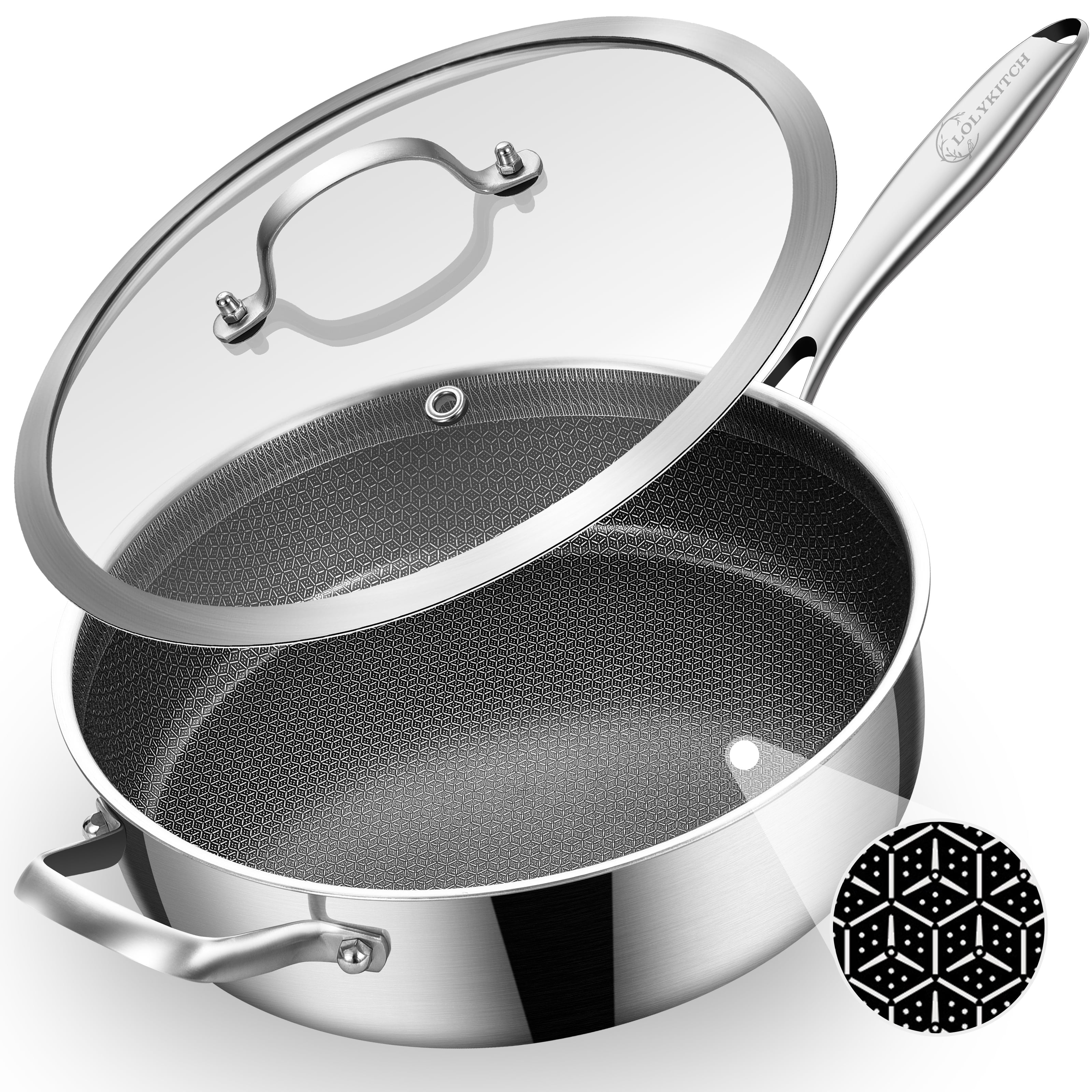 LOLYKITCH, Tri-Ply Stainless Steel Saute Pan, 12 Inch, 6 QT, Dishwasher ...