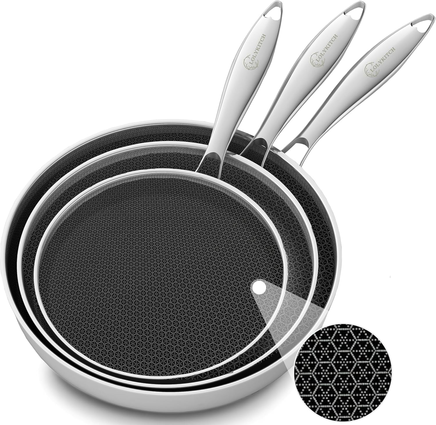 LOLYKITCH 8-10-12 inch Tri-ply Hybrid Stainless Steel Non-Stick Frying ...