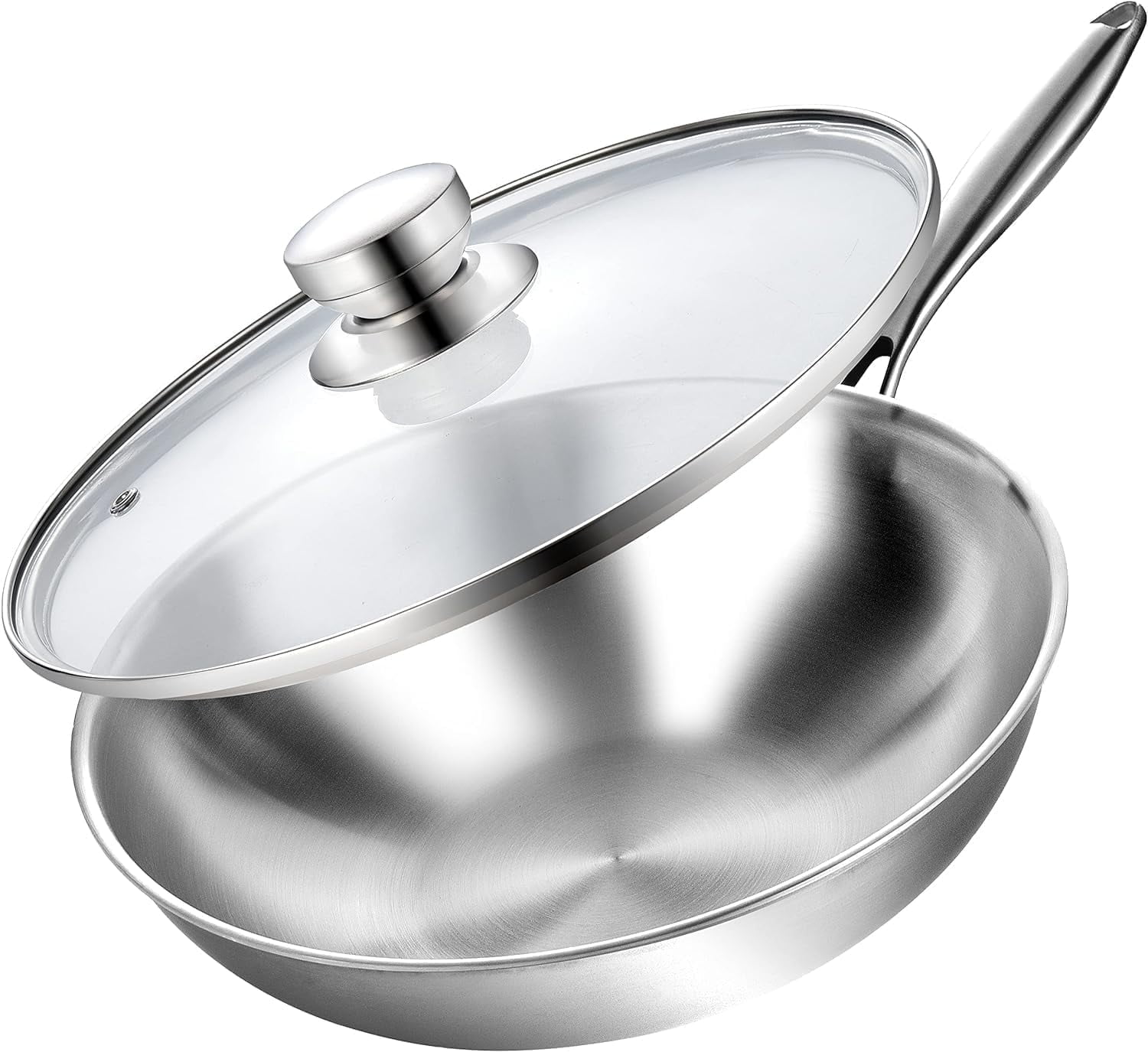 LOLYKITCH Tri-ply Stainless Steel Wok Pan with Lid,13 inch Stir Fry Wok ...