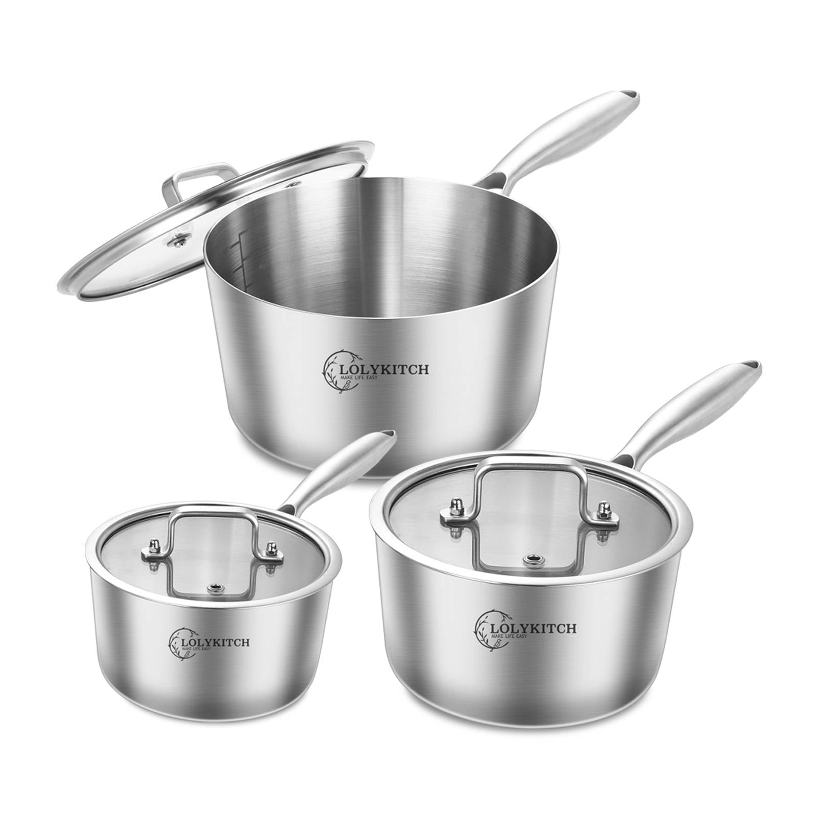 LOLYKITCH Tri-Ply Stainless Steel Saucepan Set with Lids, Induction ...