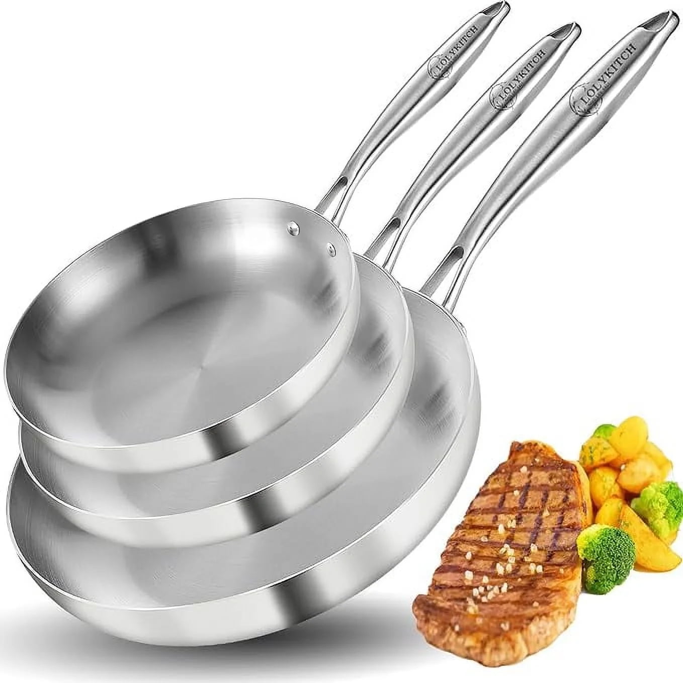 LOLYKITCH Tri-Ply Stainless Steel Chef's Pan Set, 8-10-12 Inch ...