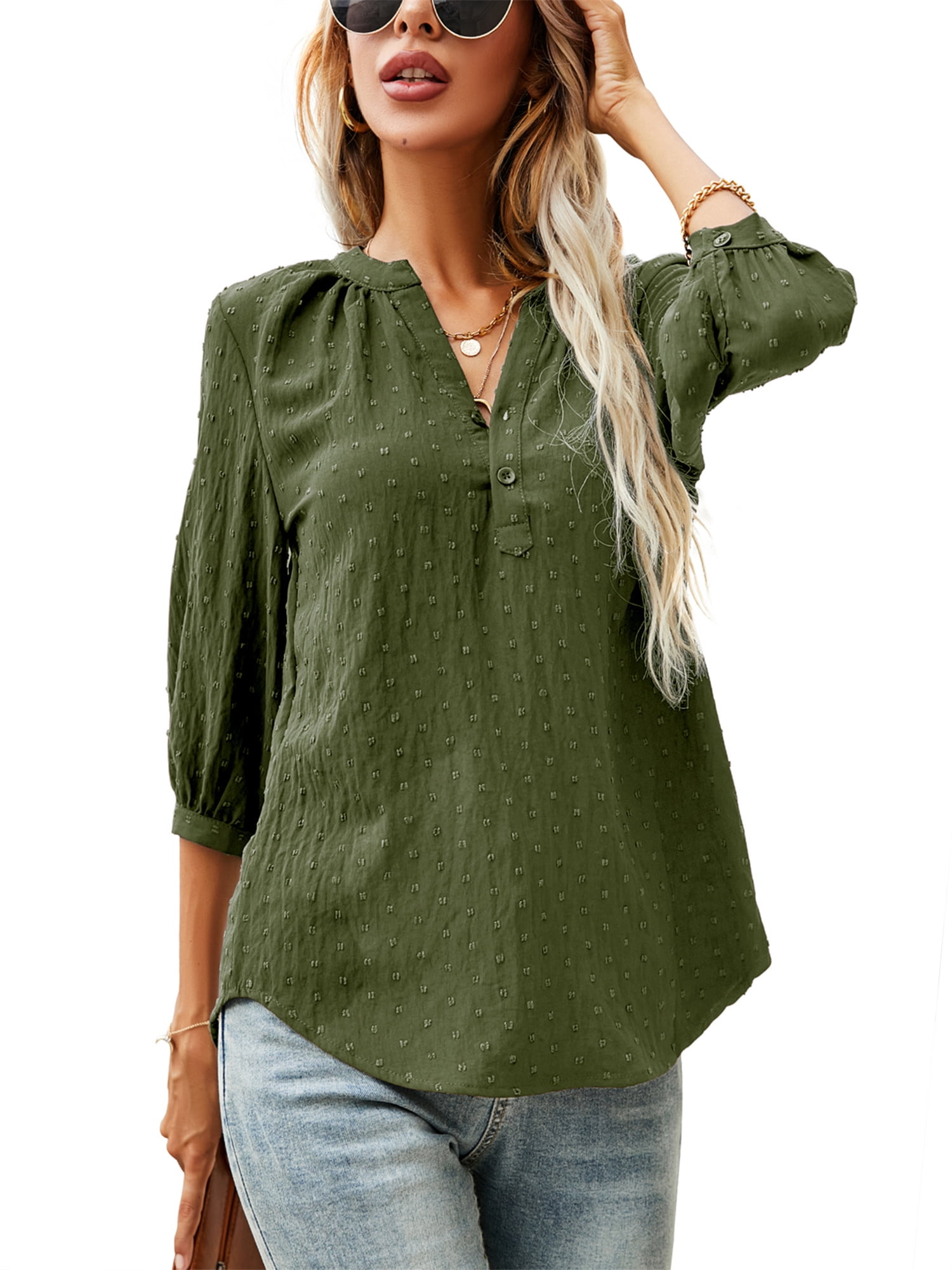 LOMON Women's 3/4 Sleeve V Neck Button Up Pleated Back Blouses Dot ...