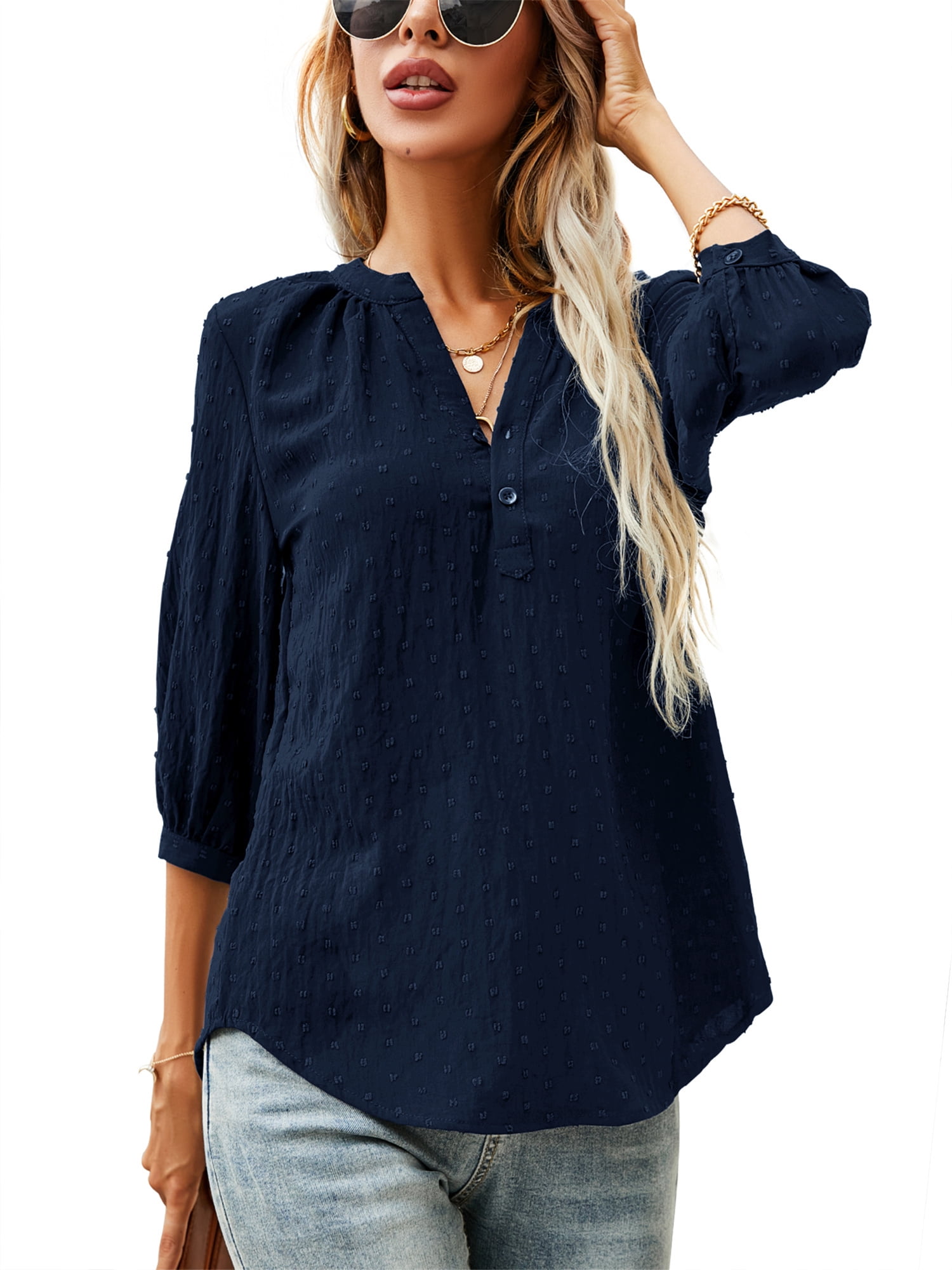 LOMON Women's 3/4 Sleeve V Neck Button Up Pleated Back Blouses Dot ...
