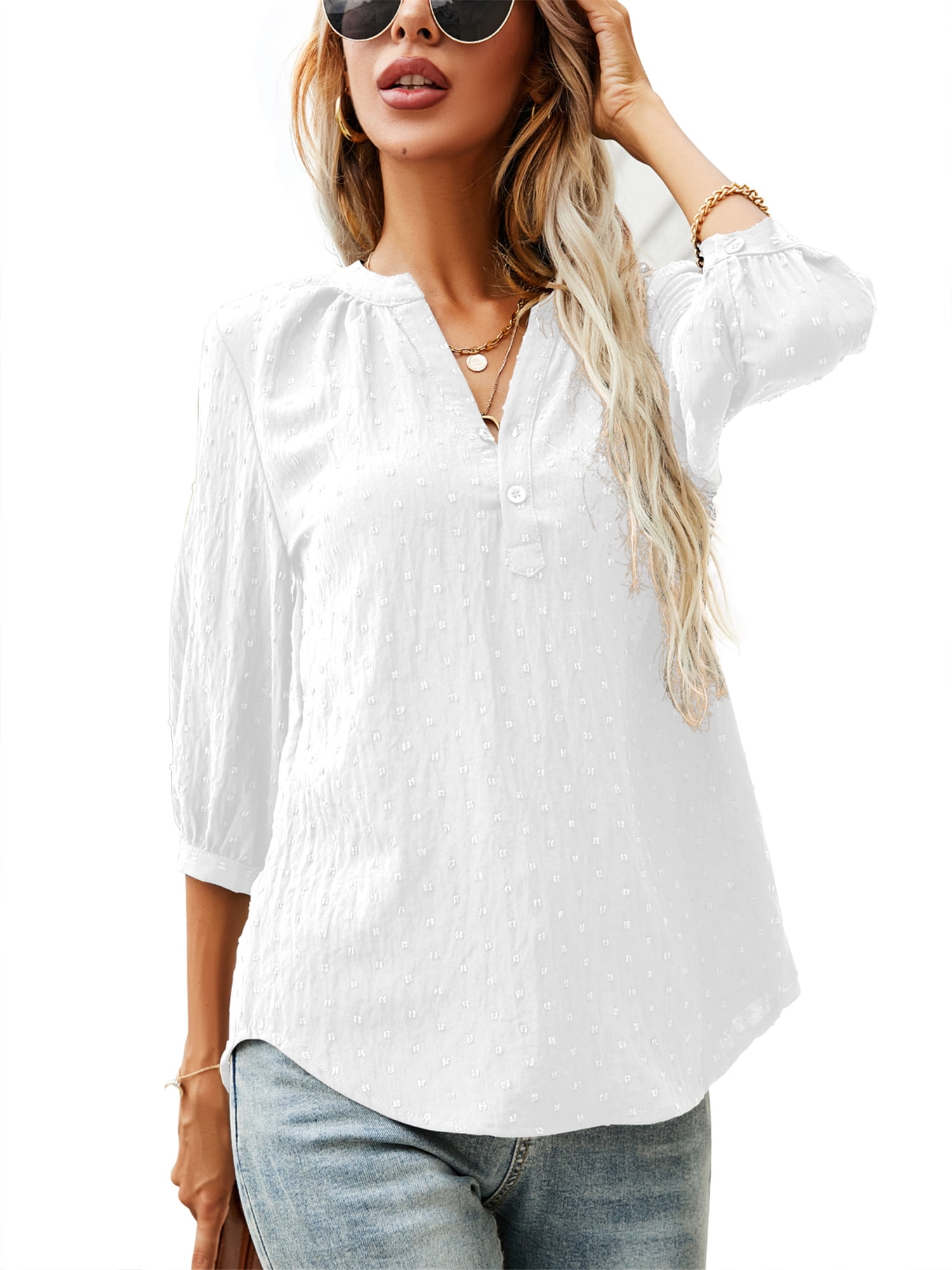 LOMON Women's 3/4 Sleeve V Neck Button Up Pleated Back Blouses Dot ...