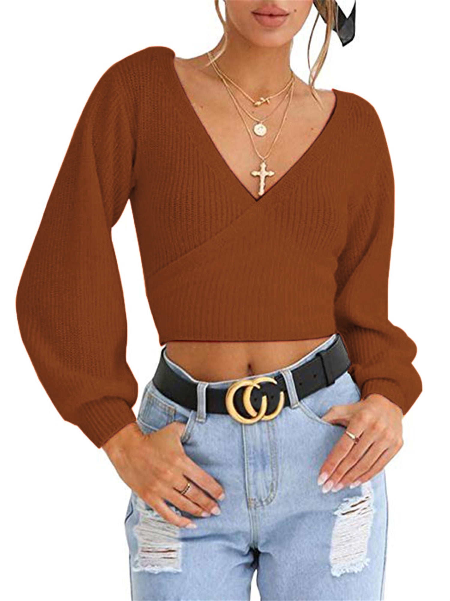 LOMON Women's Knitted Crop Deep V-Neck Long Sleeve Pullover Cross Wrap ...