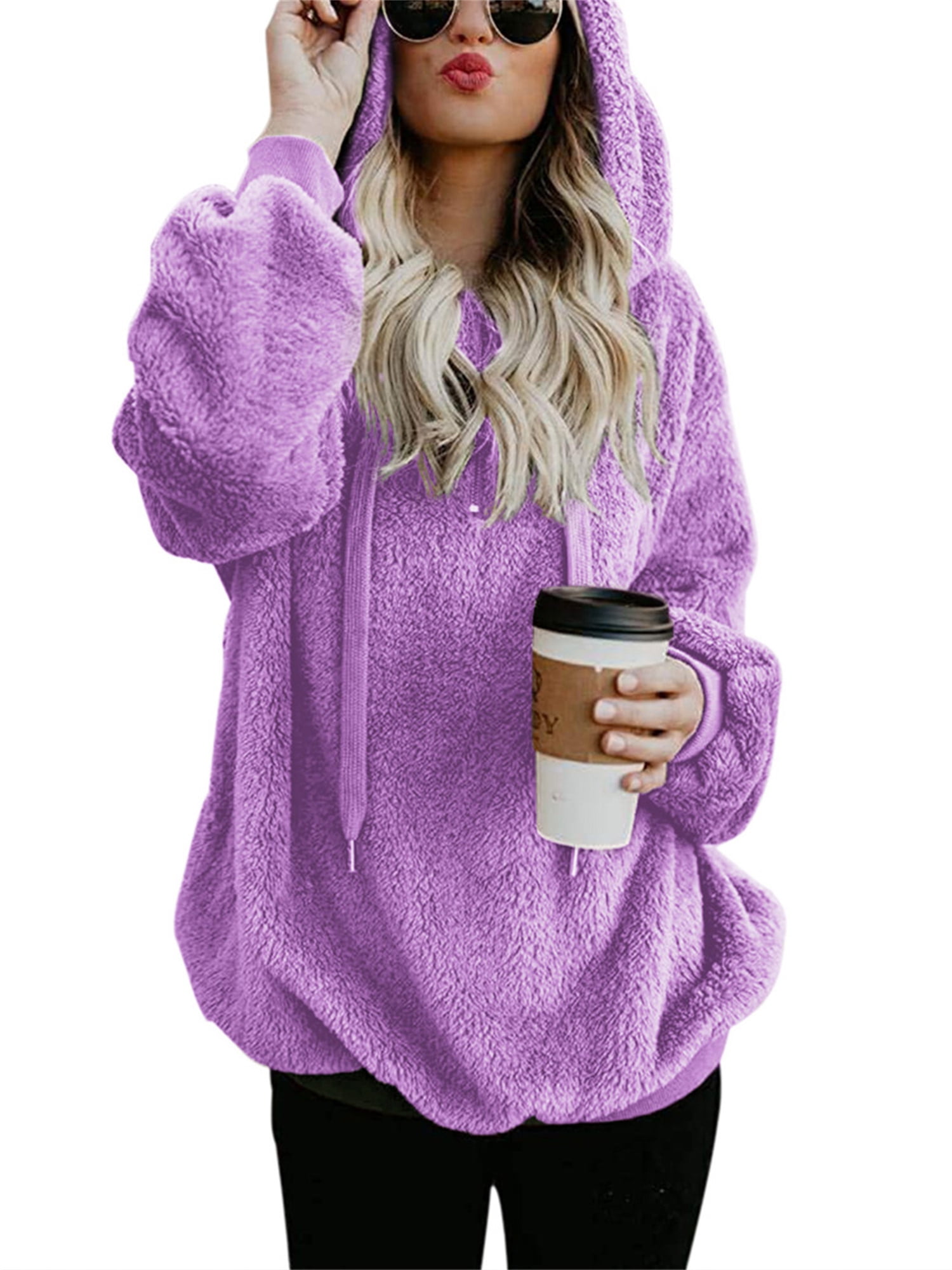 Plaid Fluffy Jacket For Women Women's Oversized Sherpa Pullover Hoodie ...