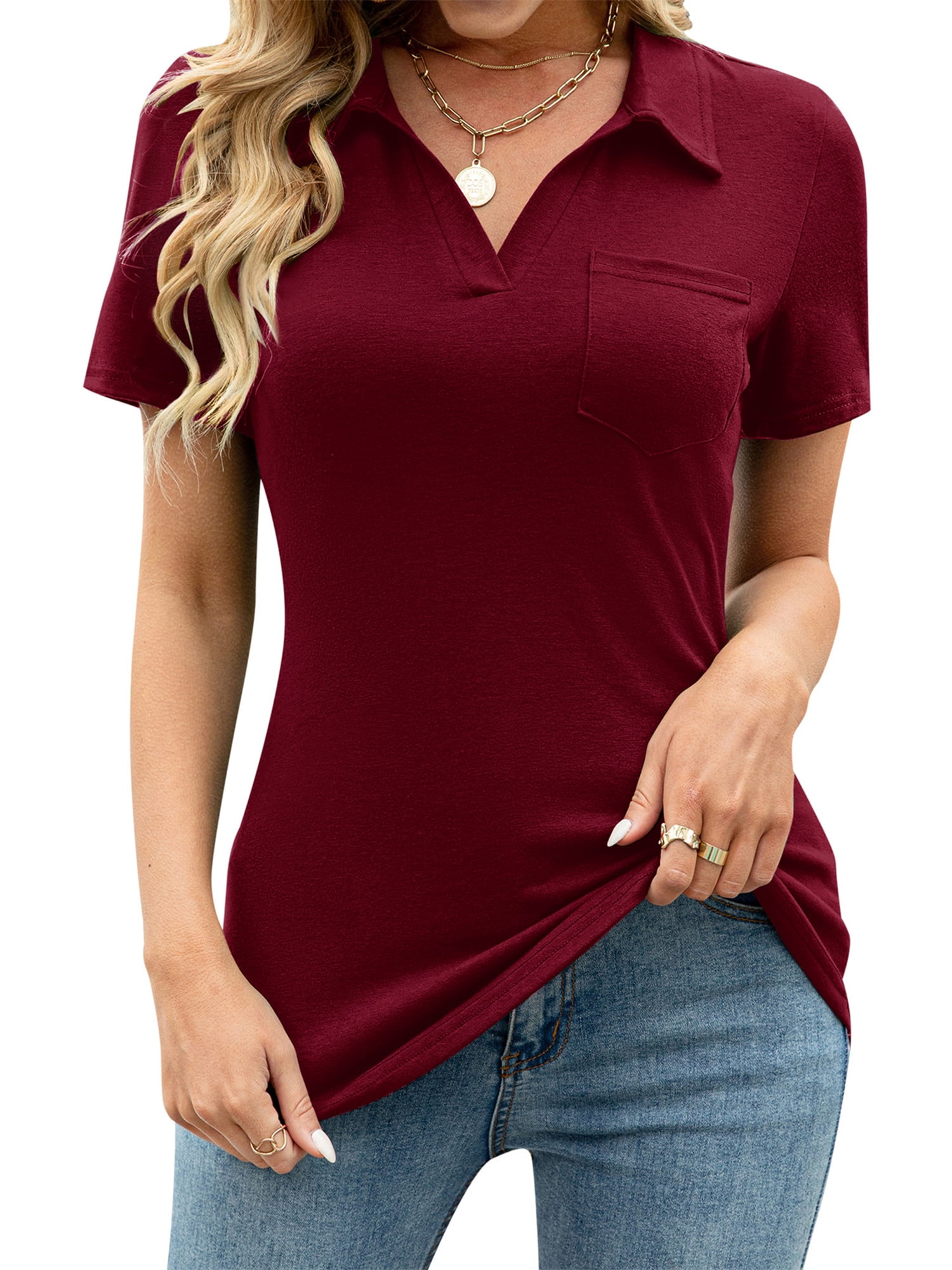 LOMON Womens V Neck Polo Shirts Short/Long Sleeve Collared Tops Loose ...