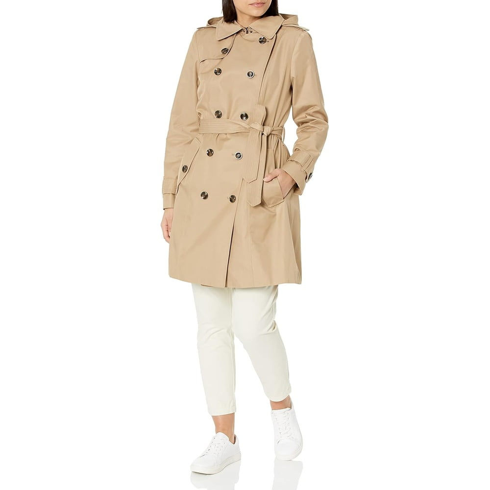 LONDON FOG Women's Stone Khaki Belted Hooded Trench Jacket Coat ...