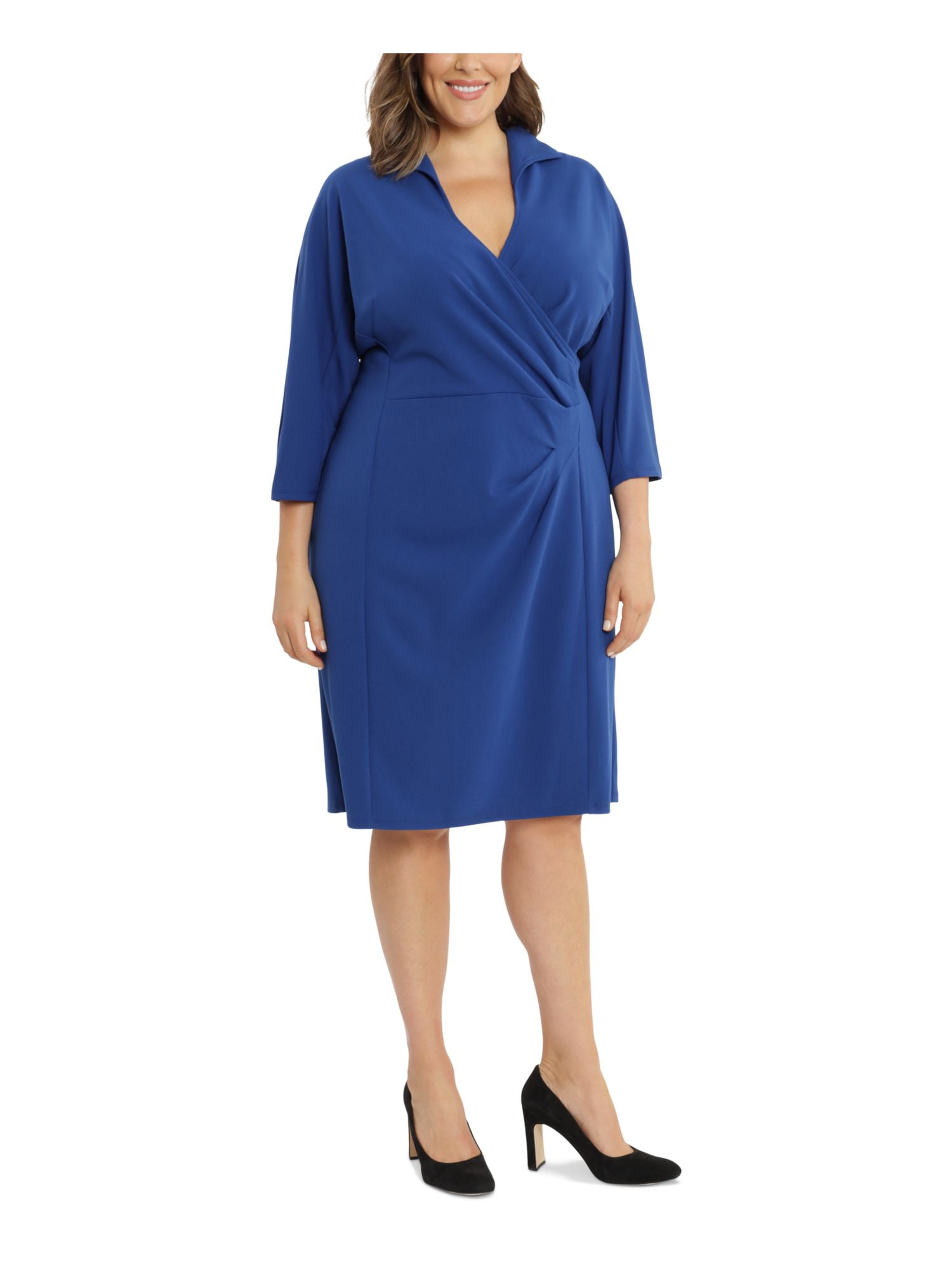 London Times Womens Blue Stretch Ruched Zippered 3 4 Sleeve Surplice