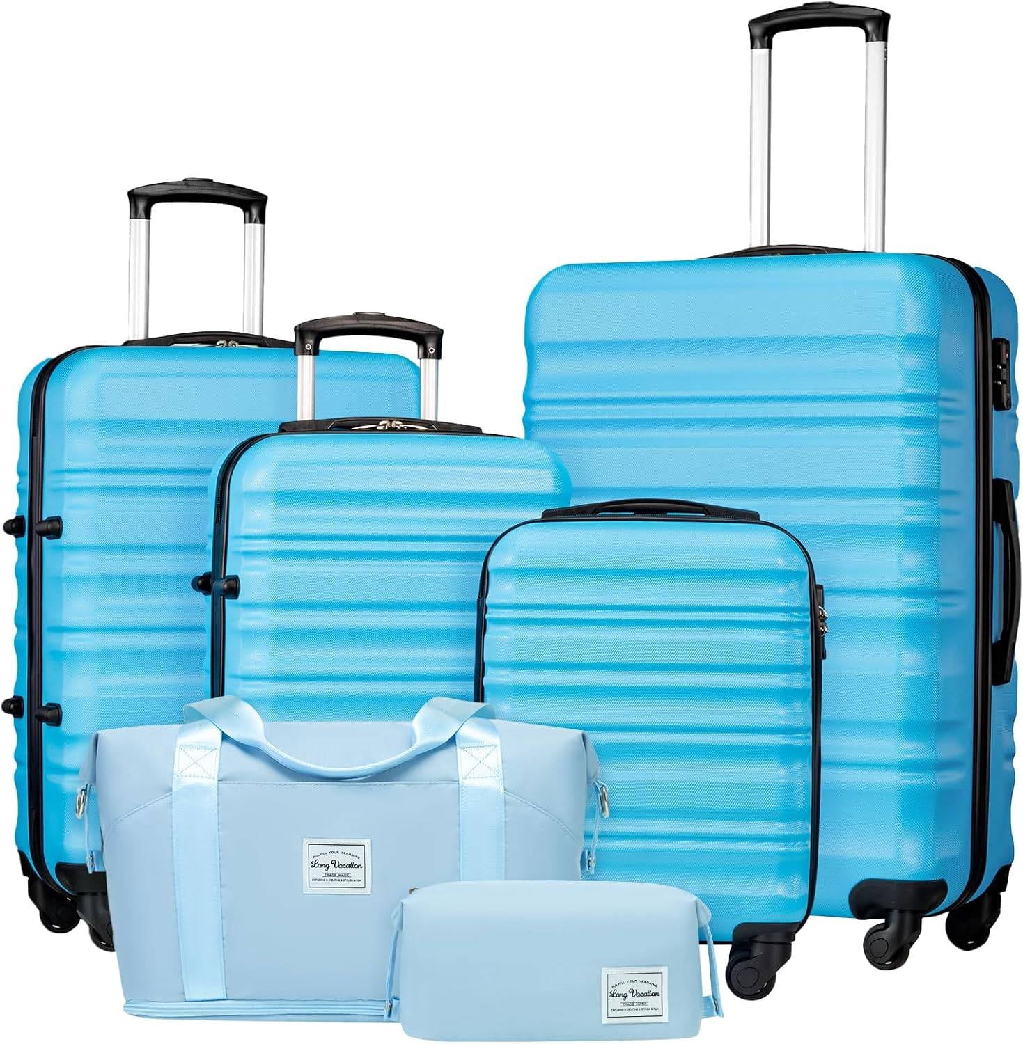 LONG 6 Piece Luggage Set Carry on Suitcase with ABS+PC hardshell ...