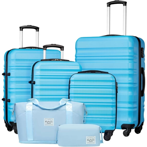 LONG 6 Piece Luggage Set Carry on Suitcase with ABS+PC hardshell ...
