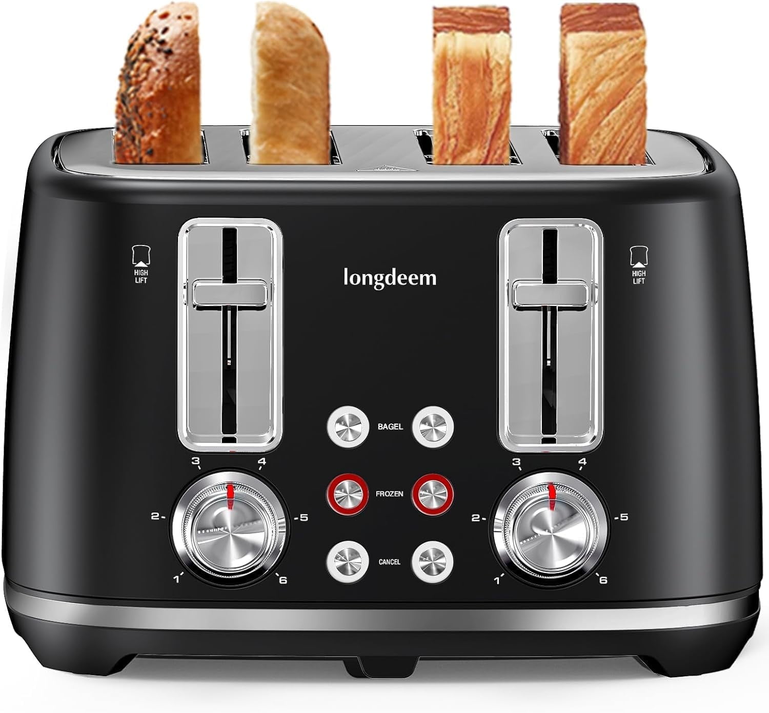 LONGDEEM 4 Slice Toaster, 6 Browning Options, Wide Slots, High Lift ...