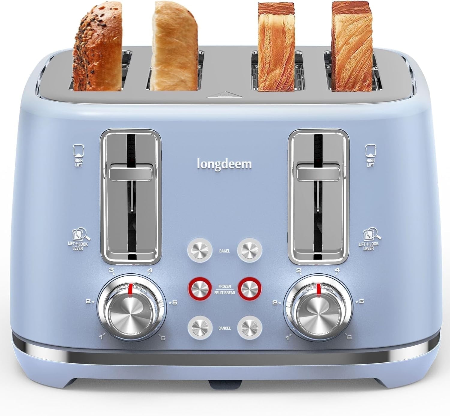 LONGDEEM 4 Slice Toaster, 6 Browning Options, Wide Slots, High Lift ...