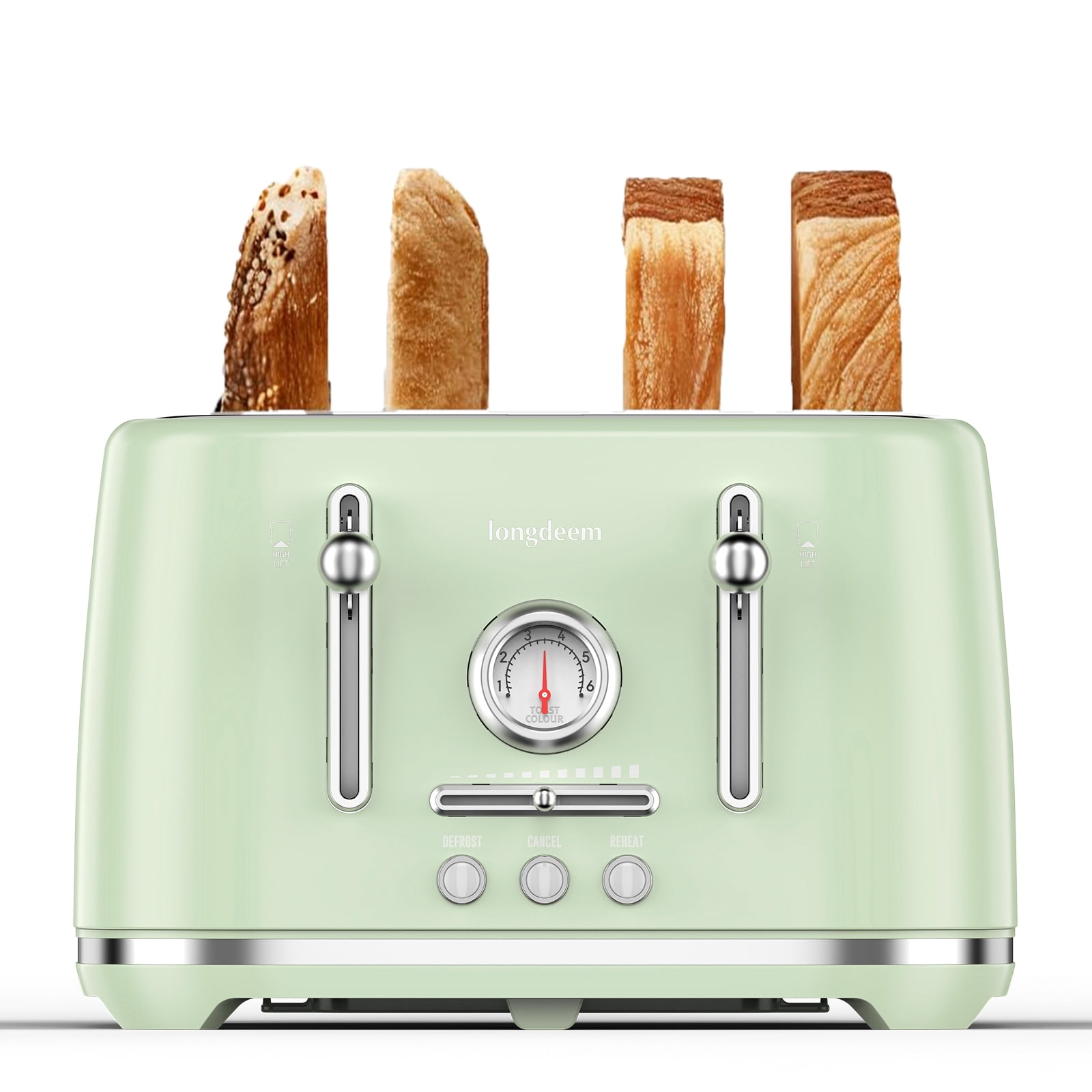 LONGDEEM 4 Slice Toaster, 6 Browning Options, Wide Slots, High Lift ...