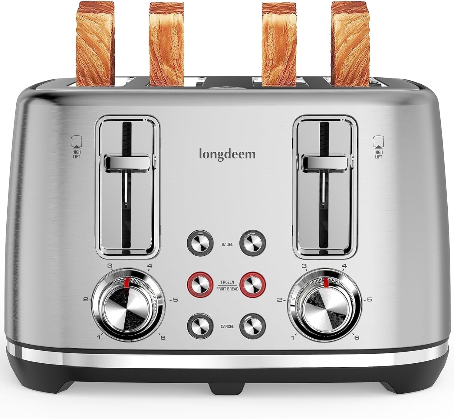 LONGDEEM 4 Slice Toaster, 6 Browning Options, Wide Slots, High Lift ...