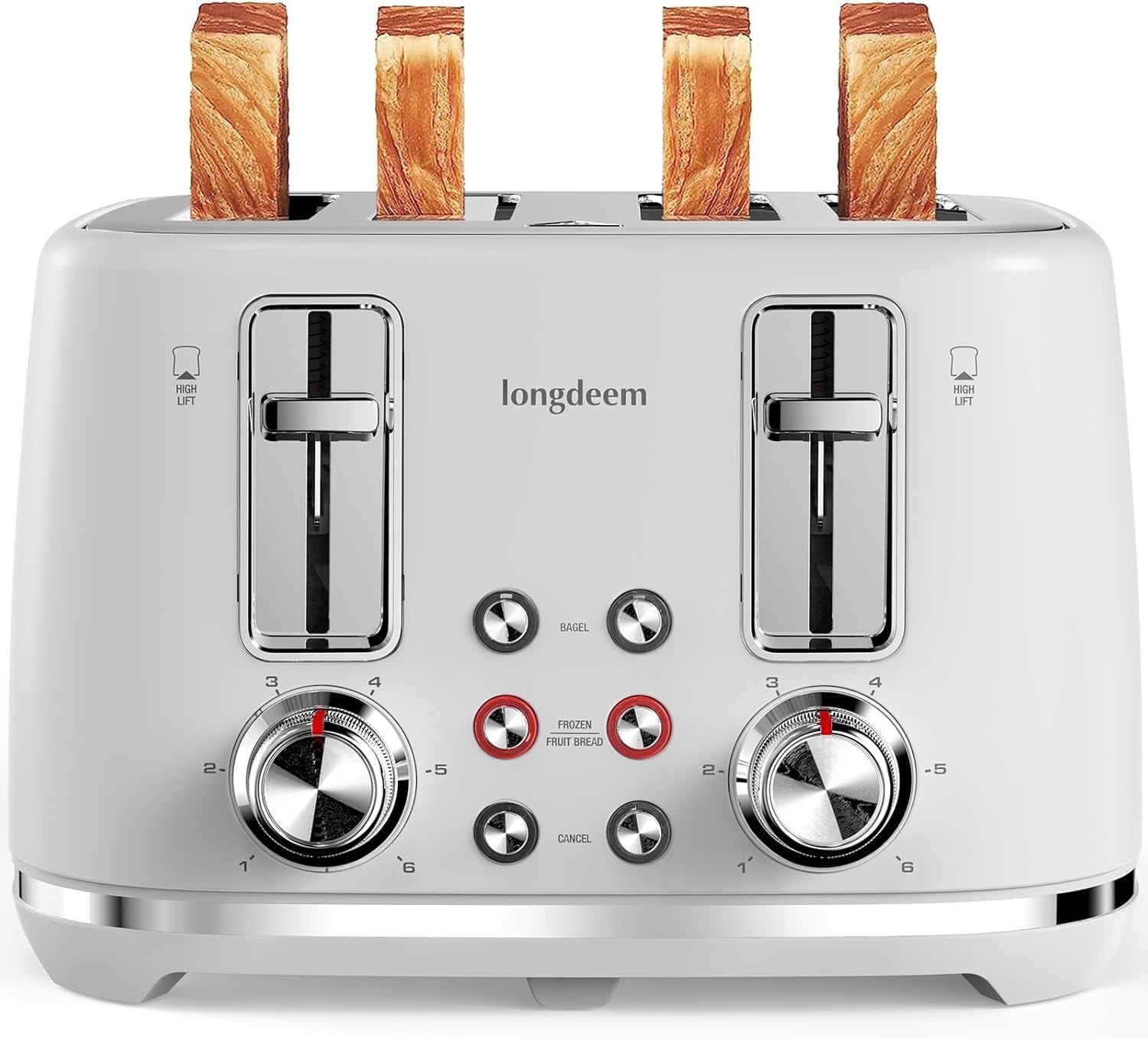LONGDEEM 4 Slice Toaster, 6 Browning Options, Wide Slots, High Lift ...
