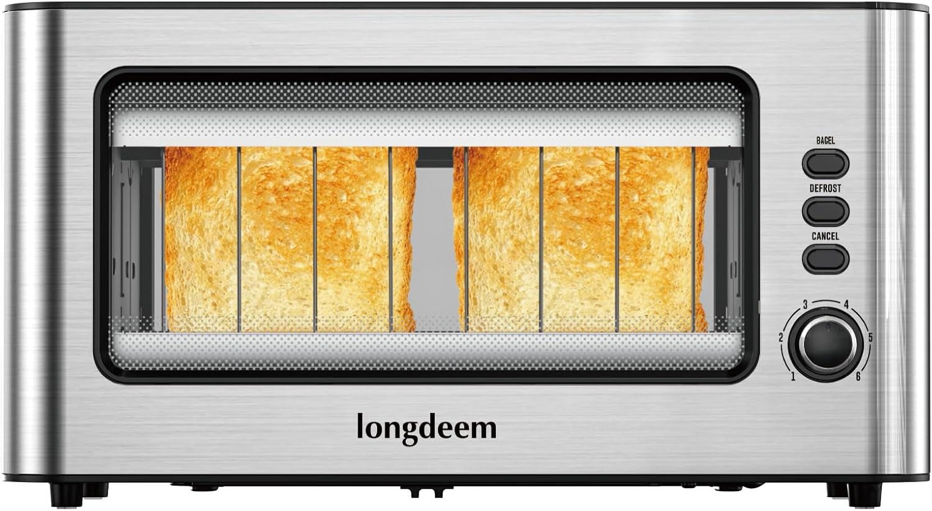 LONGDEEM Clear View 2-Slice Glass Toaster, Extra Long Slot, 6 Browning ...