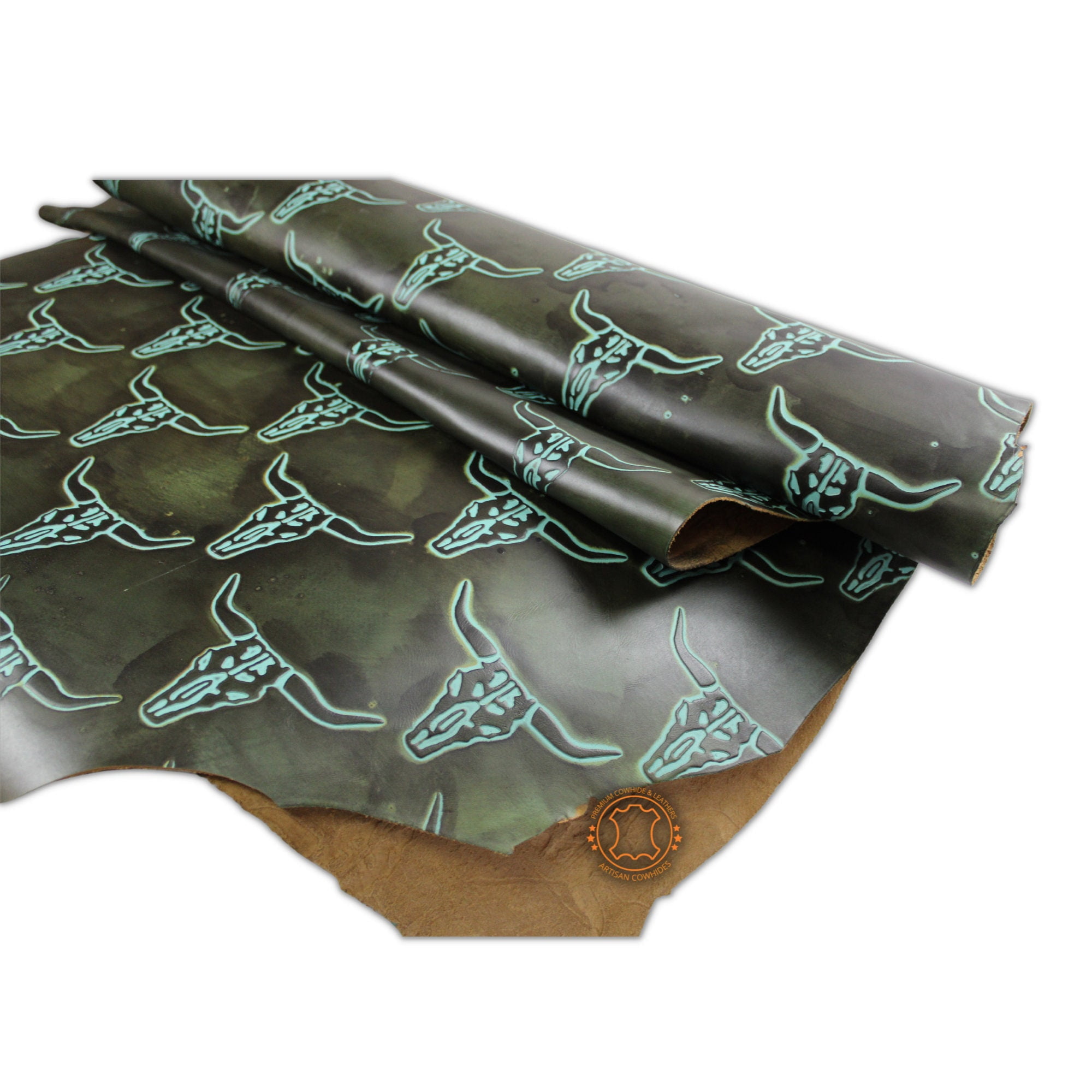 LONGHORN EMBOSSED LEATHER Olive Turquoise: Leather 3.5 - 4 oz. | 1.4 ...